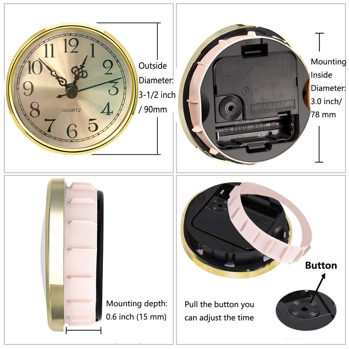 Mini Clock Insert 31/2 Inch (90 Mm) Round Quartz Clock FitUp Movement ...