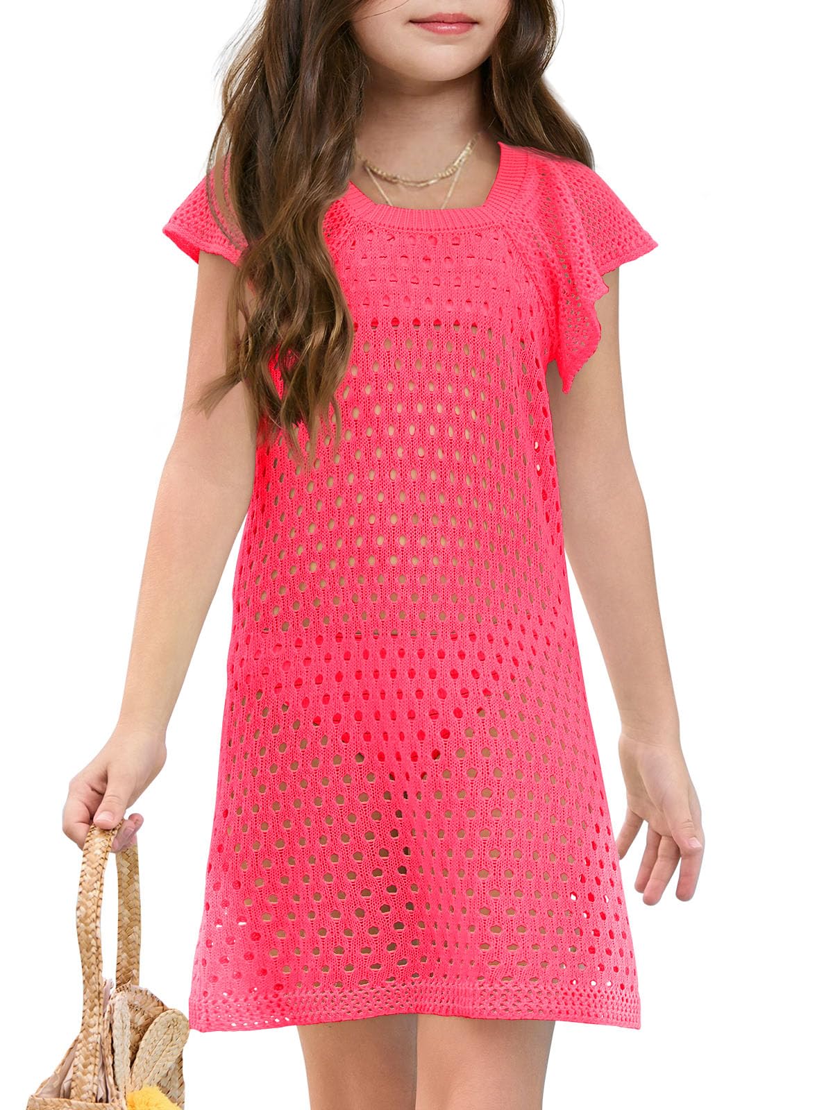 Haloumoning Girls Crochet Swim Cover Up Kids Ruffle Sleeve Hollow Out ...