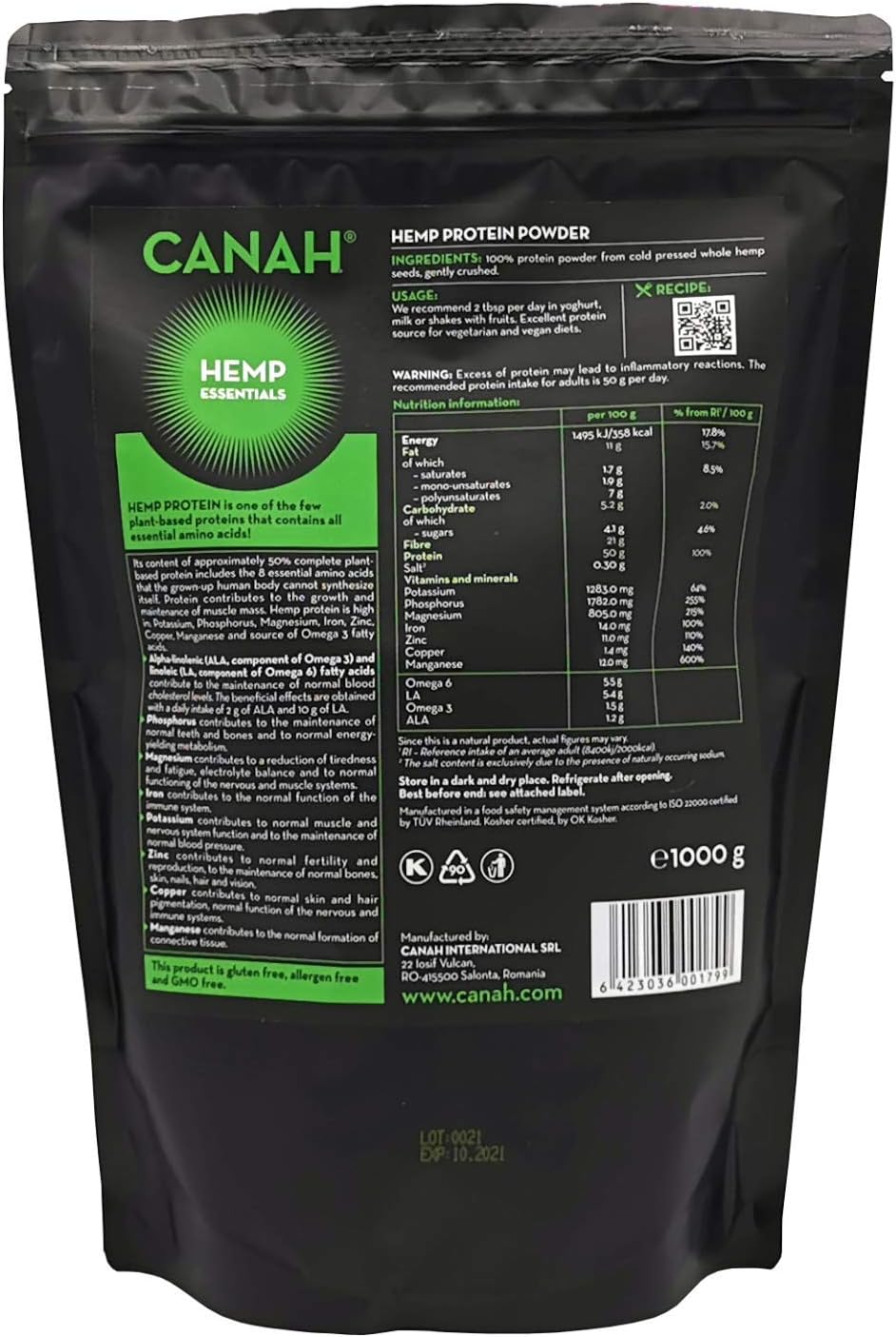Natural Hemp Protein Powder by Canah 1 kg – High in Protein Omega 3 ...