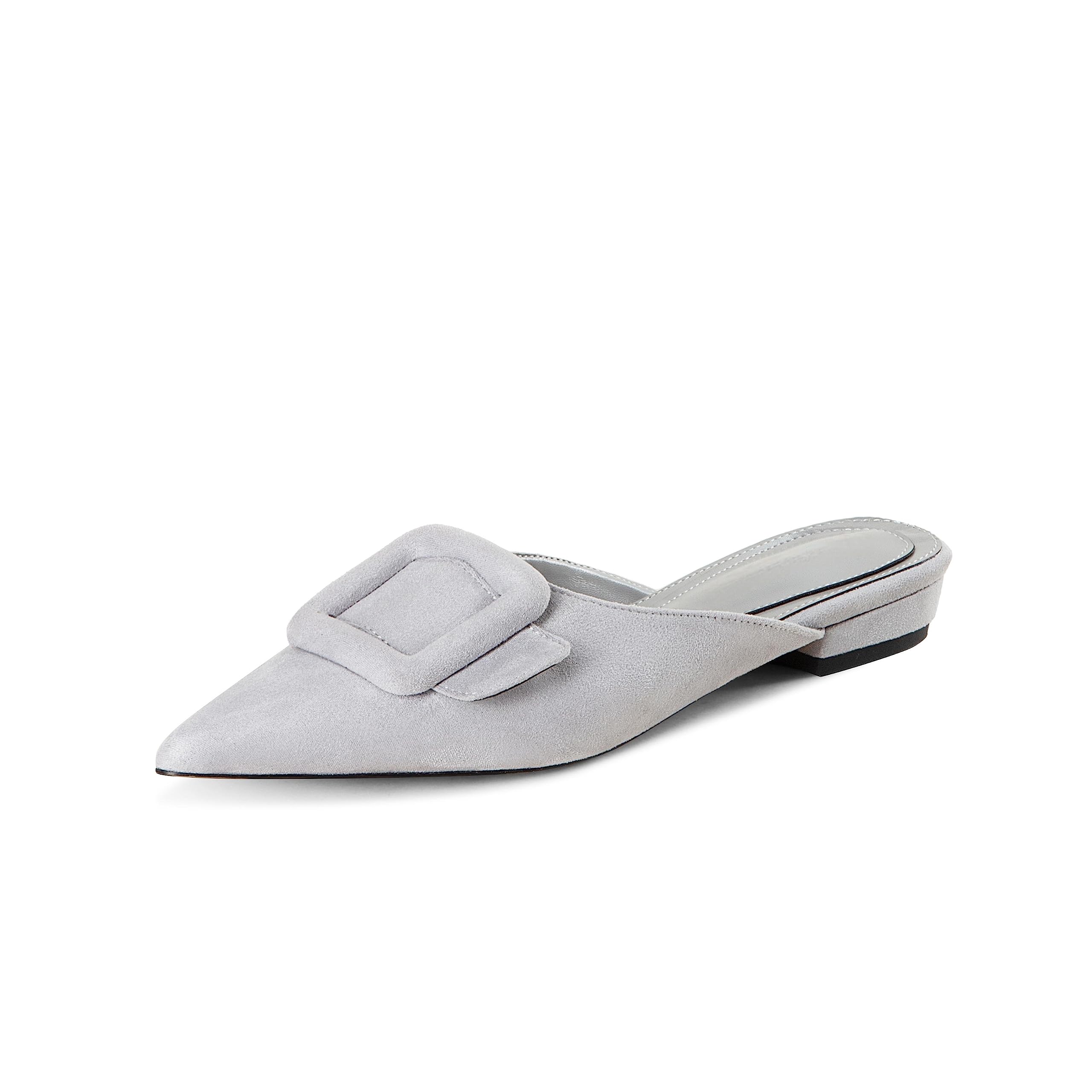 Volrina Women's Pointed Toe Flat Mules Square Buckle Low Heel Slippers ...