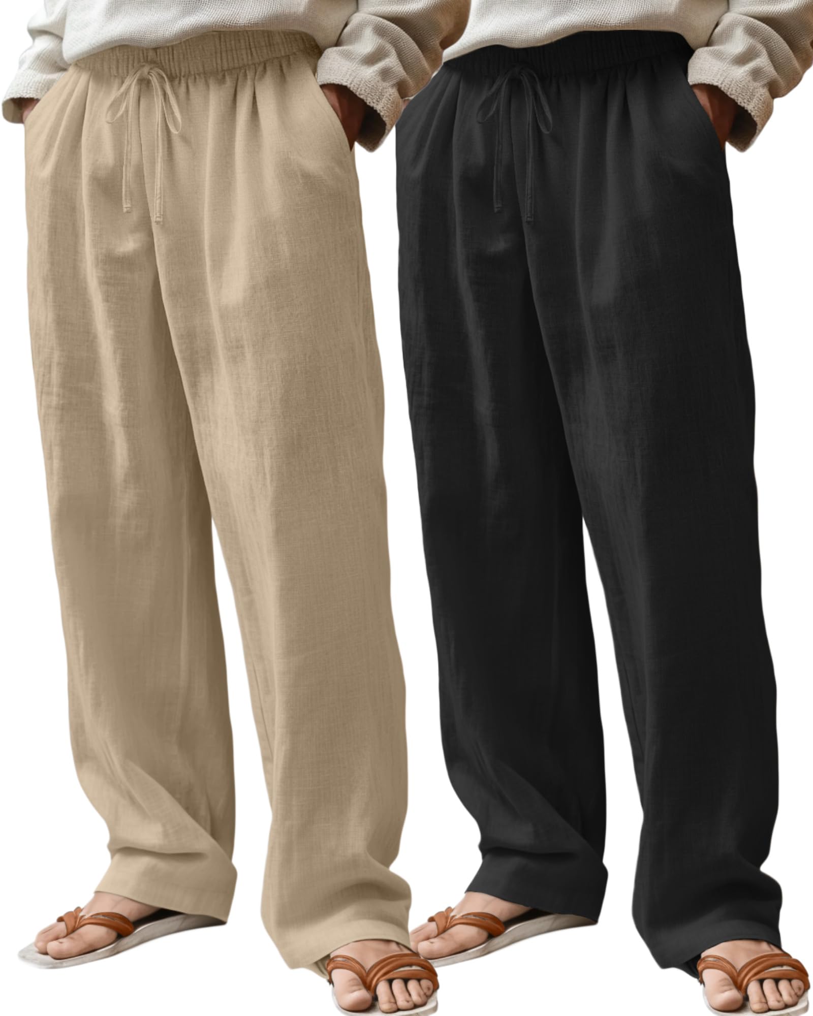 Riyiper 2 Pack Men's Linen Pants, Casual Pants with Pockets Lightweight ...