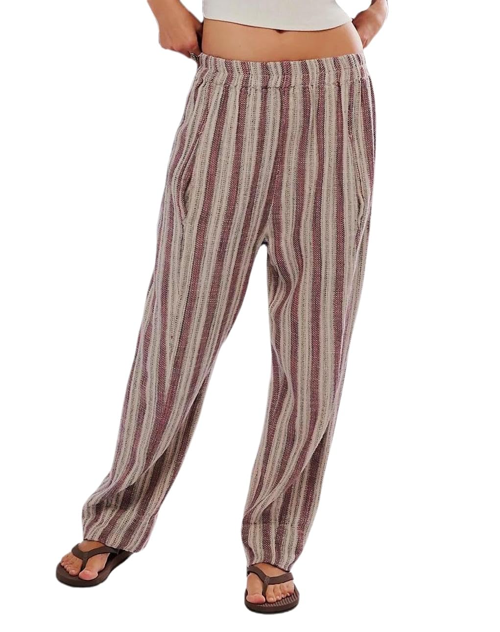 LifeShe Striped Pants for Women Elastic Low Waist Straight Leg Pant ...