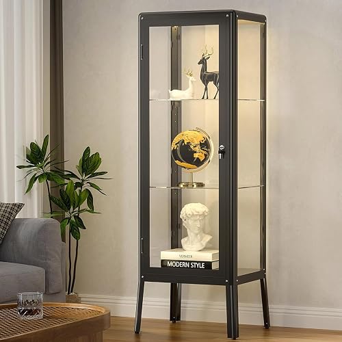 Ryoko Glass Display Cabinet with Adjustable 3-Shelf Shelves, Lock and ...