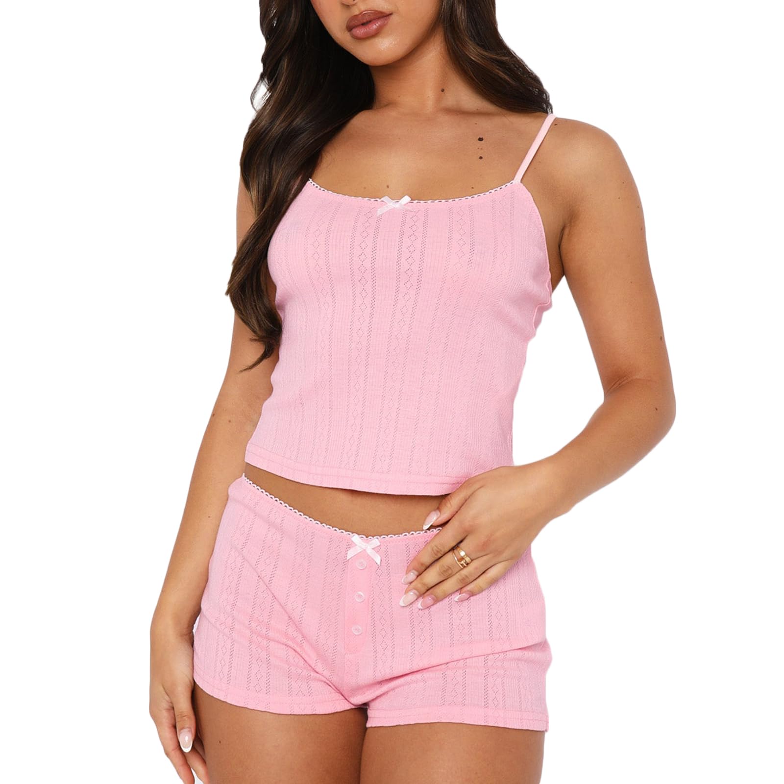 RUEWEY Women Floral Pajama Set Spaghetti Strap Lace Cami Crop Tops and ...