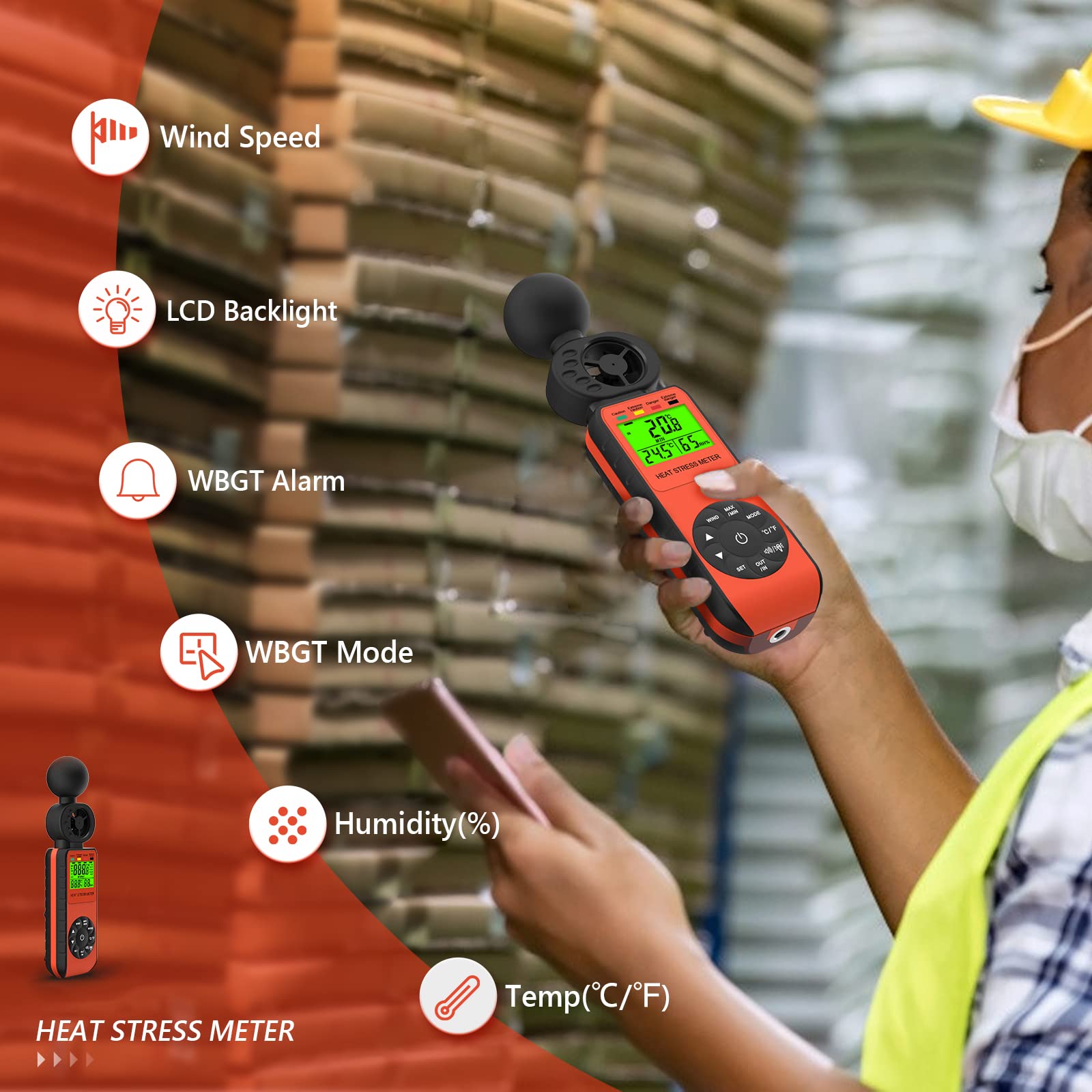 Mua Digital Anemometer Heat Stress Meter with WBGT Alarm, Handheld 4 in ...
