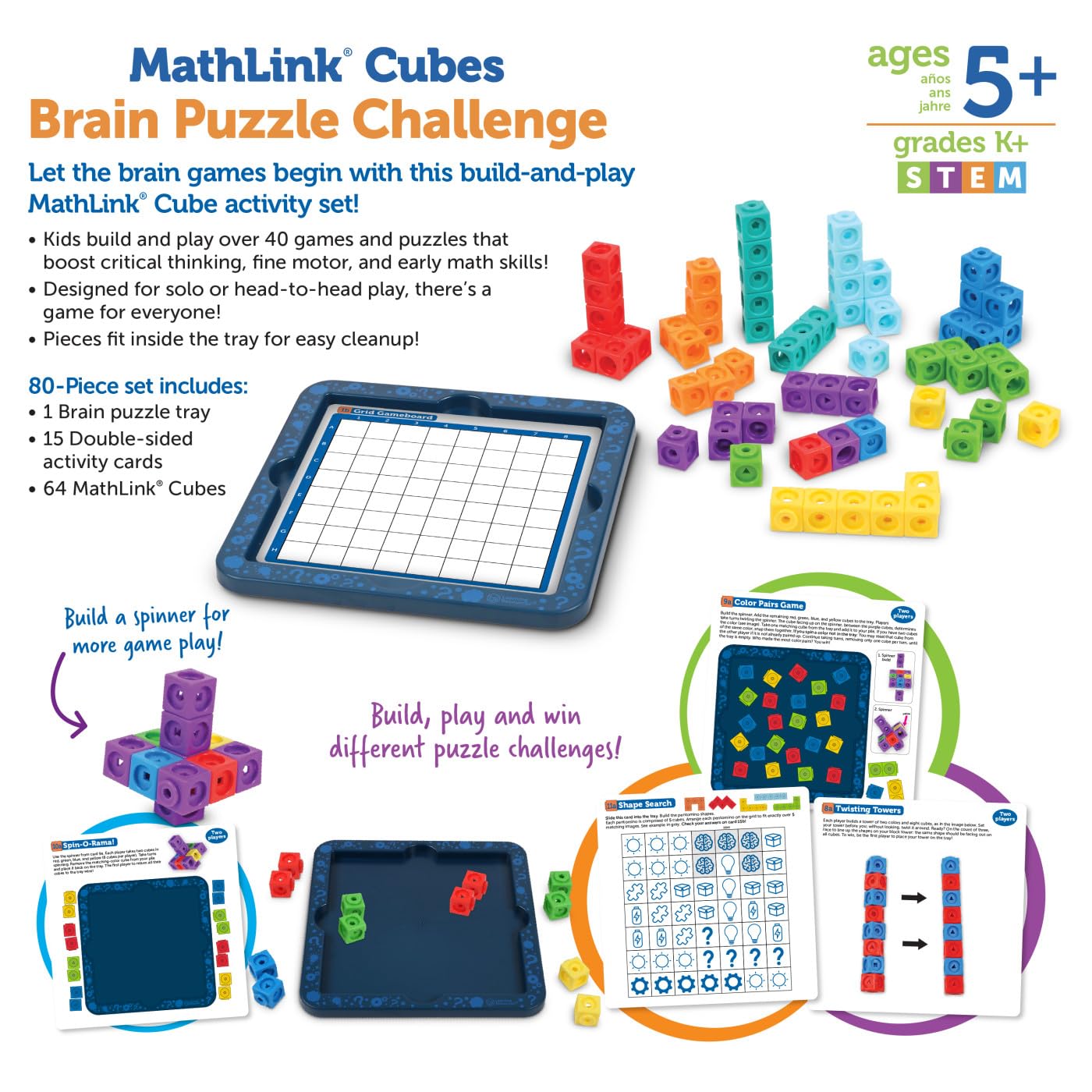 Learning Resources MathLink Cubes Brain Puzzle Challenge, 80 Pieces ...