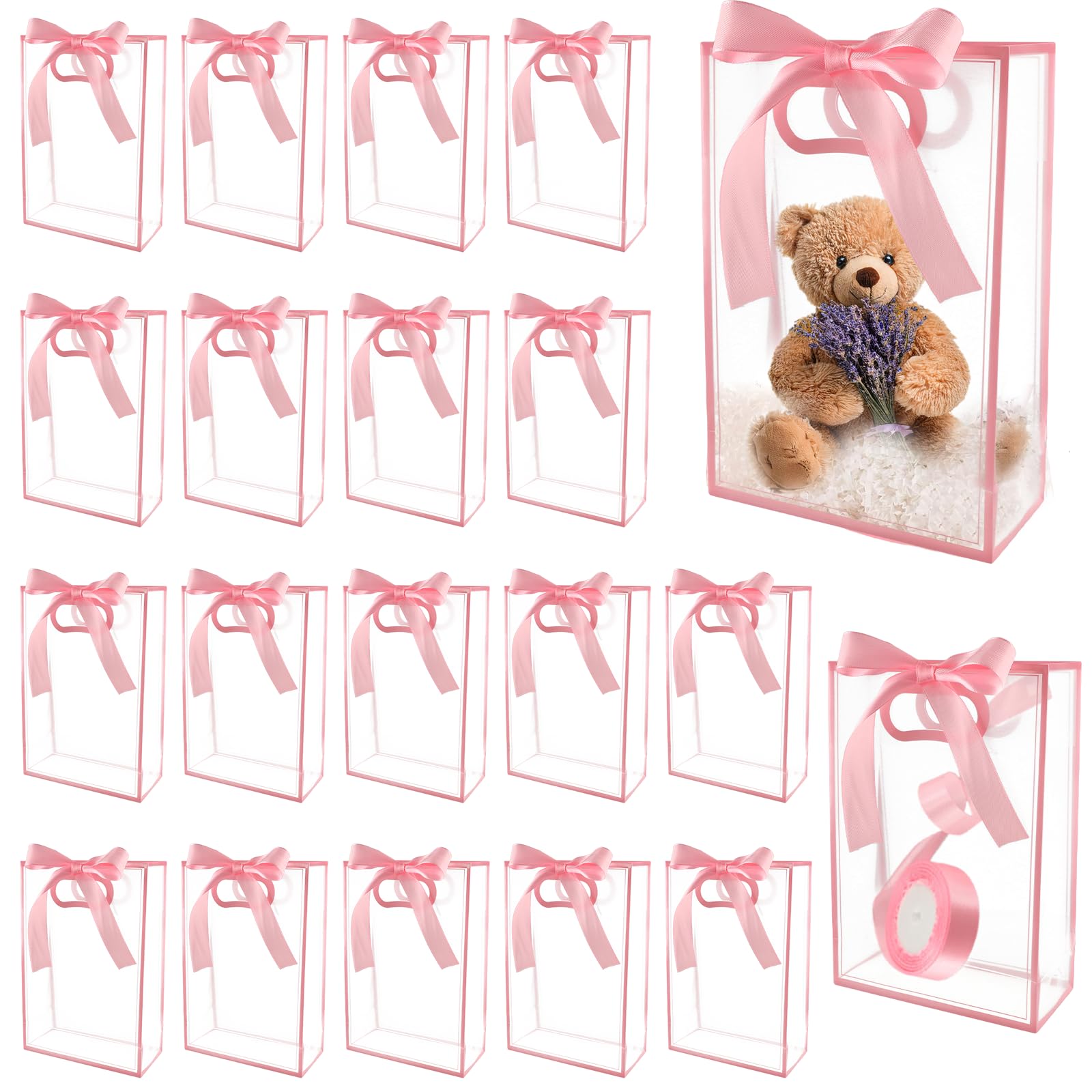 Framad 20 Pcs Clear Plastic Gift Bag with Handle, Reusable Bow Pink ...