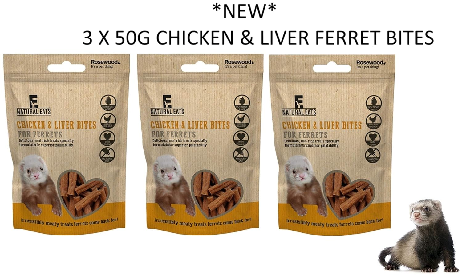 NATURAL EATS *NEW* 3 X 50G CHICKEN & LIVER FERRET BITES REAL MEAT ...
