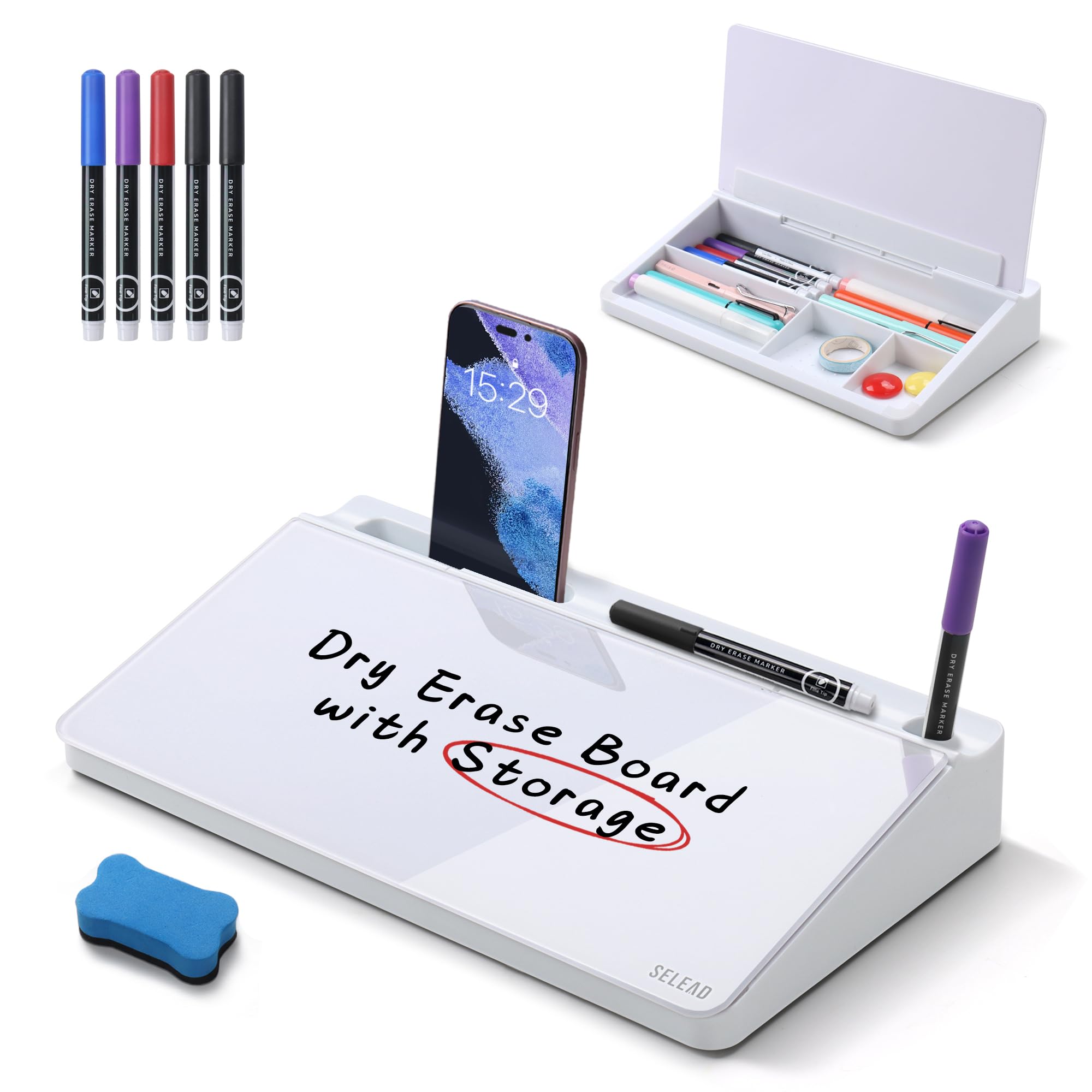SELEAD Desktop Glass Whiteboard with Storage, Small Dry Erase White ...