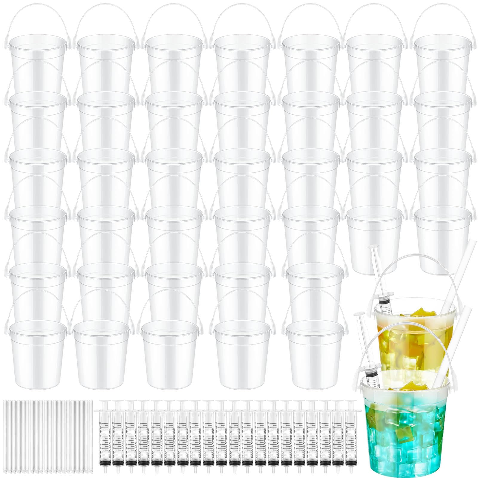 Willinglong 40 Set 32oz Clear Plastic Rum Buckets for Drink with Straws ...