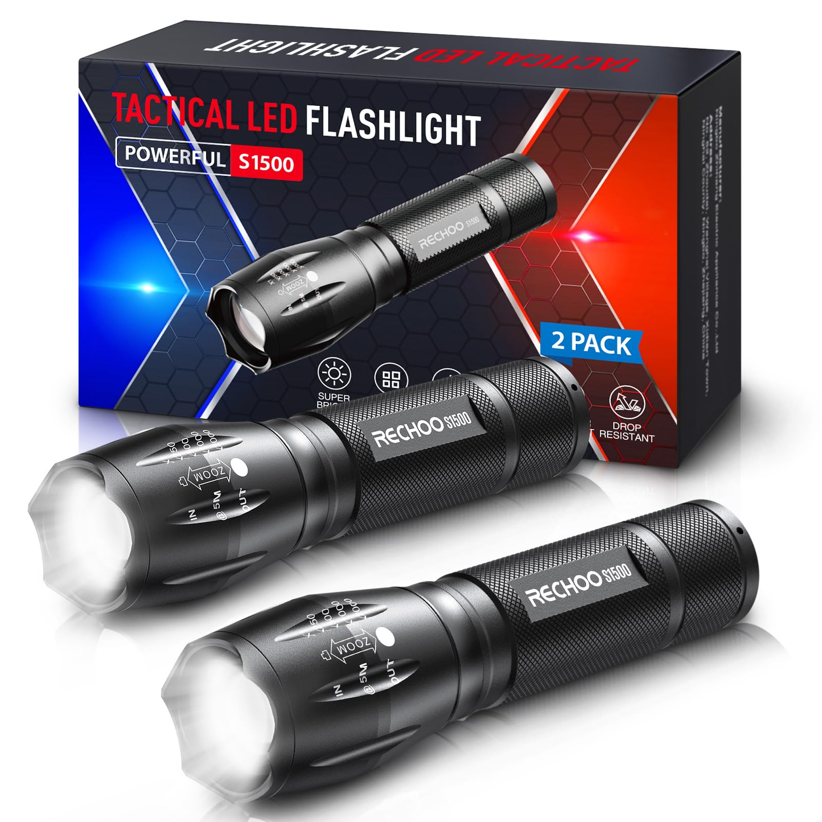 RECHOO Tactical Flashlights 2 Pack, Bright Zoomable LED Flashlights ...