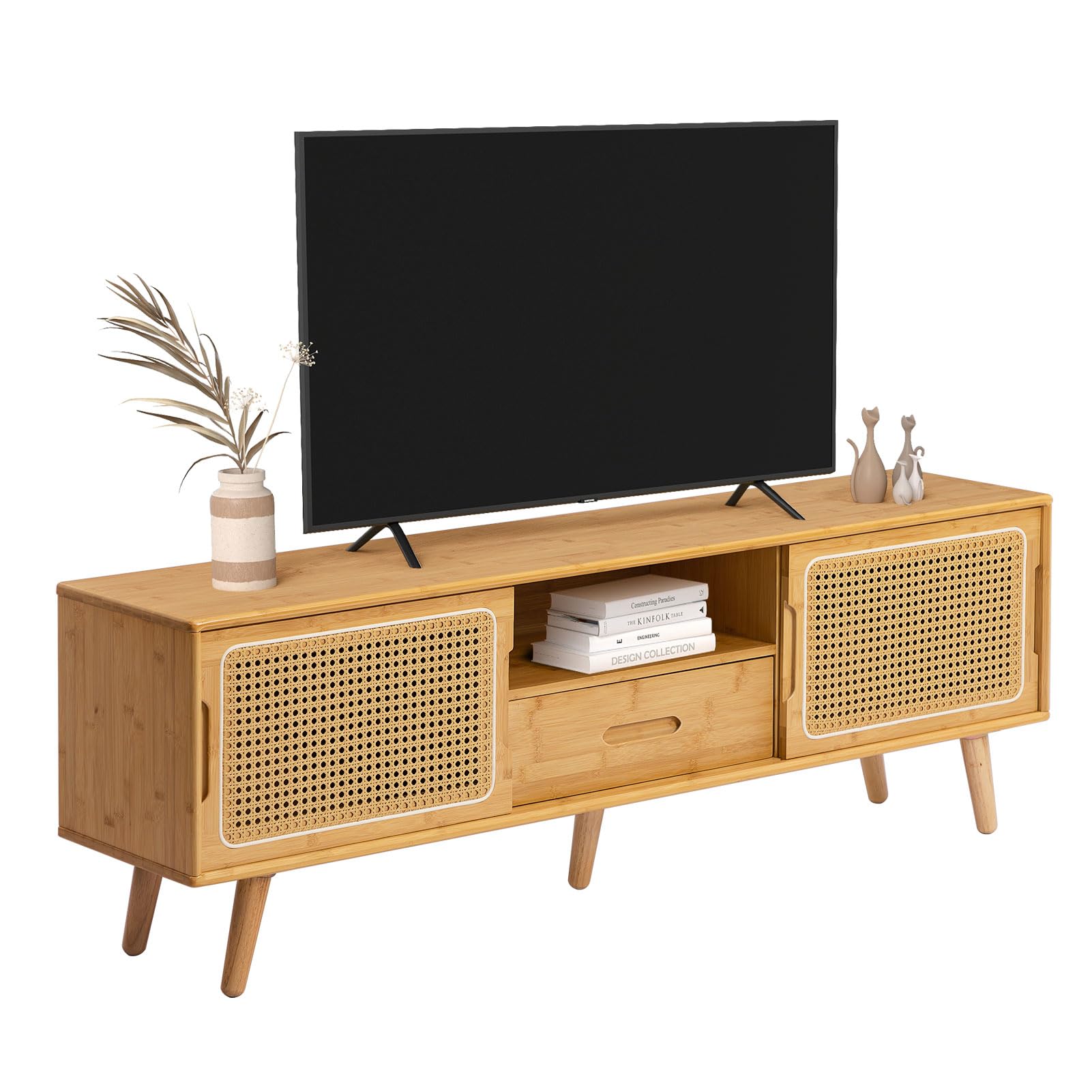 HollyHOME Bamboo TV Stand with Storage for TVs up to 65", Modern ...