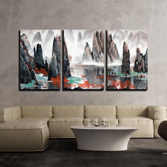 Amazon.com: wall26 3 Piece Canvas Wall Art - Chinese Landscape Misty ...