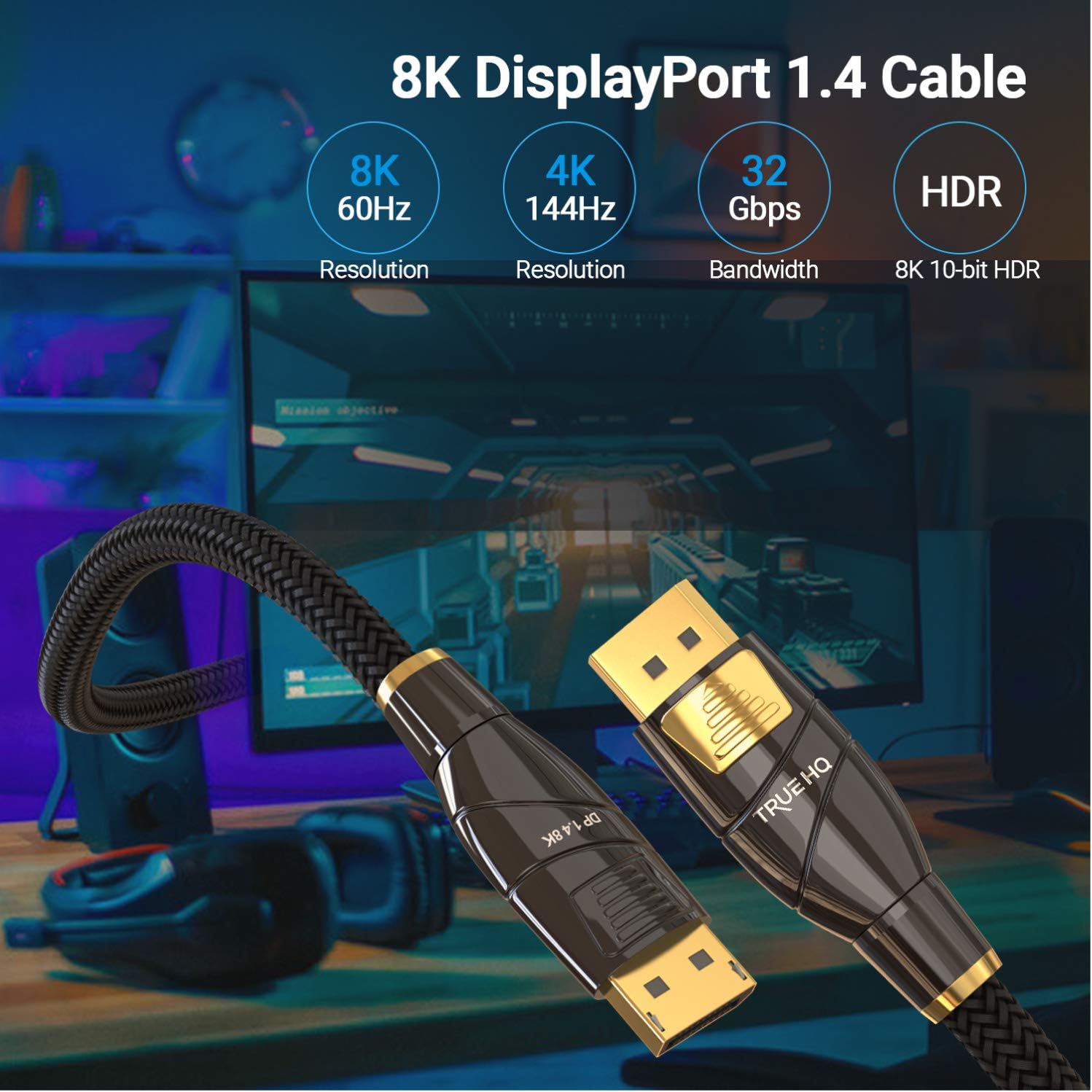8K DisplayPort Cable 1.4 2M by True HQ | Premium Braided Ultra High ...