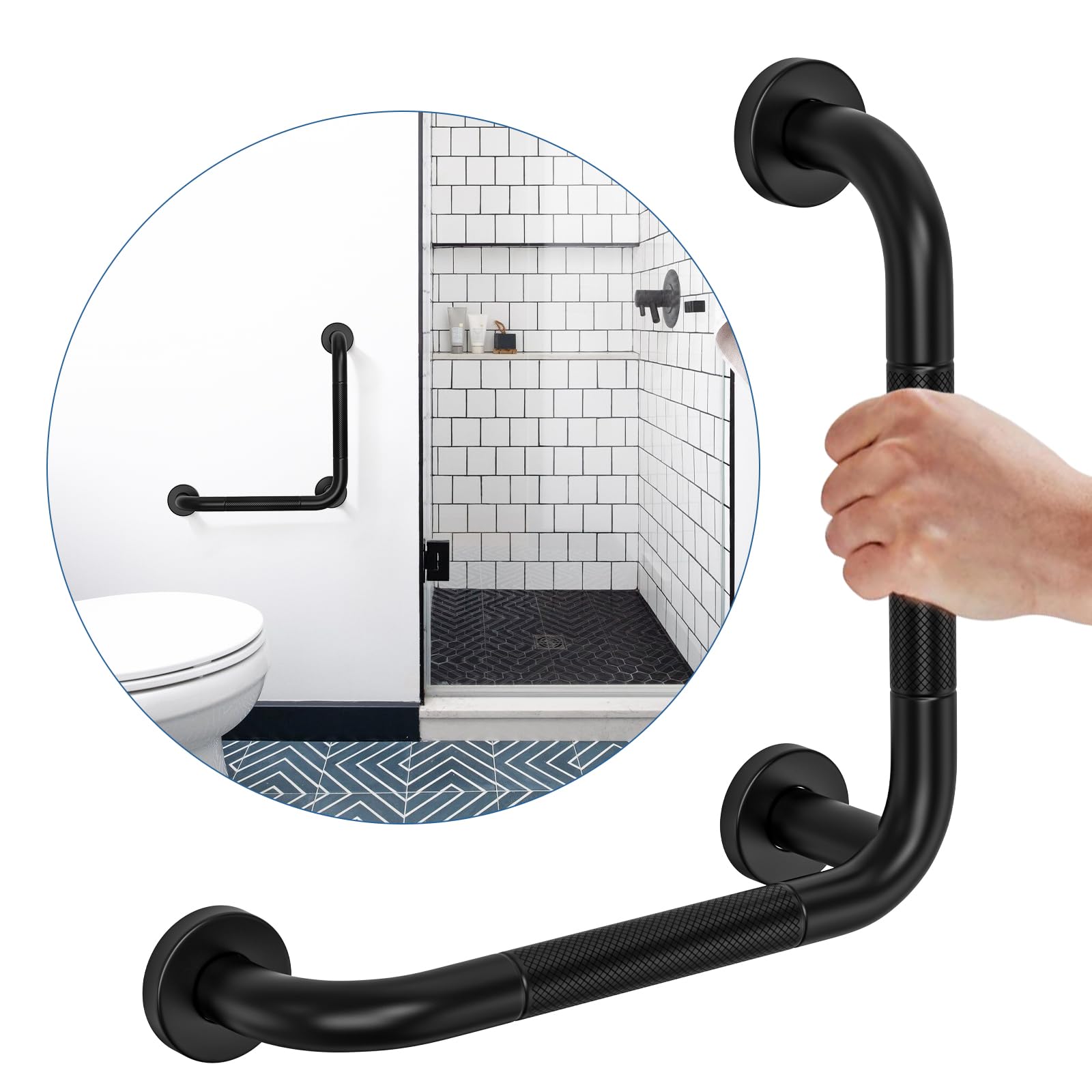 Angled Grab Bar 12x12 Inch, YuanDe White L-Shaped Shower Grab Bar w ...