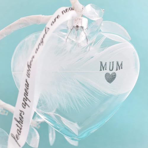 Mum Feather Memorial Bauble Personalised Glass Heart Christmas Tree ...