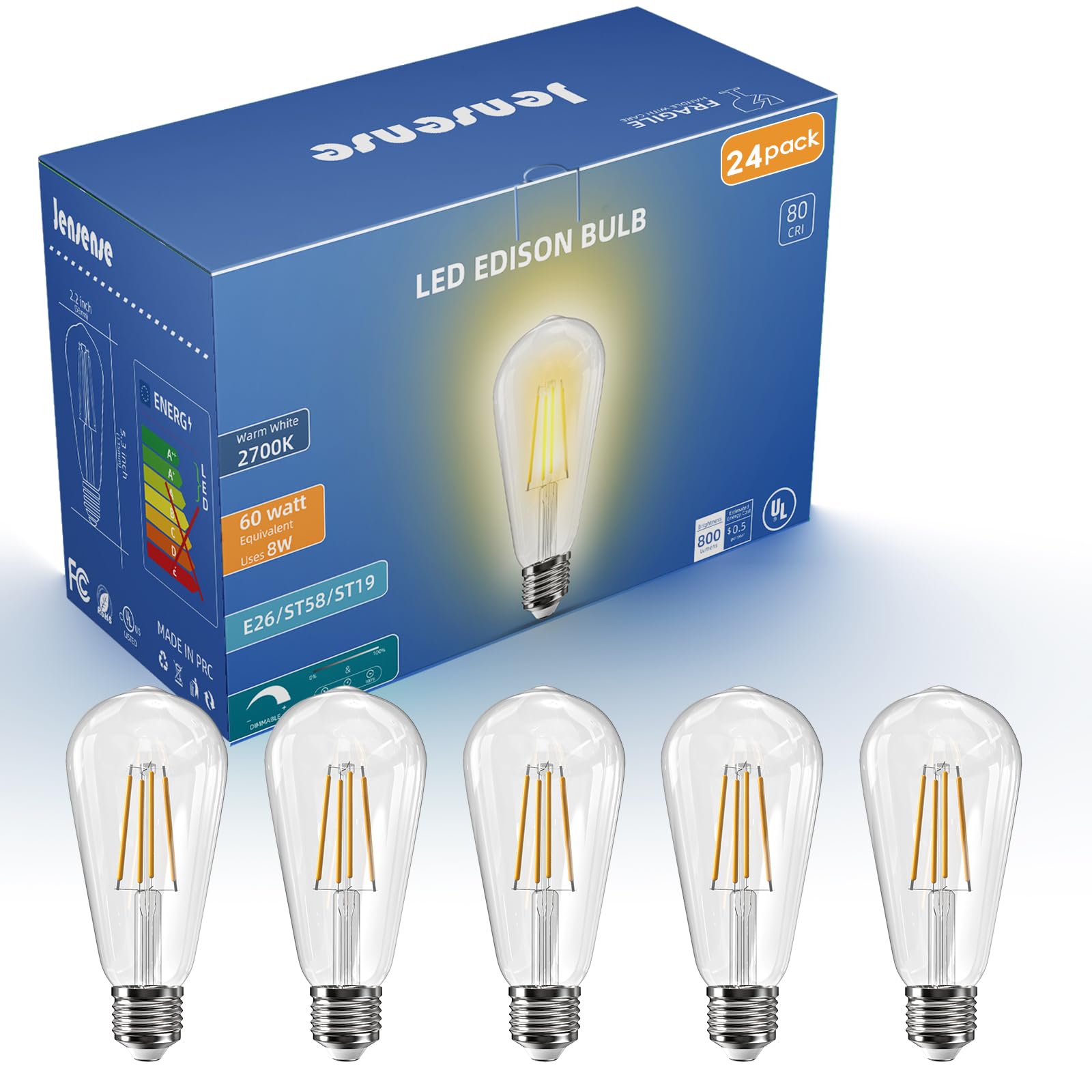 Jensense Edison LED Light Bulbs 8Watt Dimmable Light Bulbs 2700K Warm ...