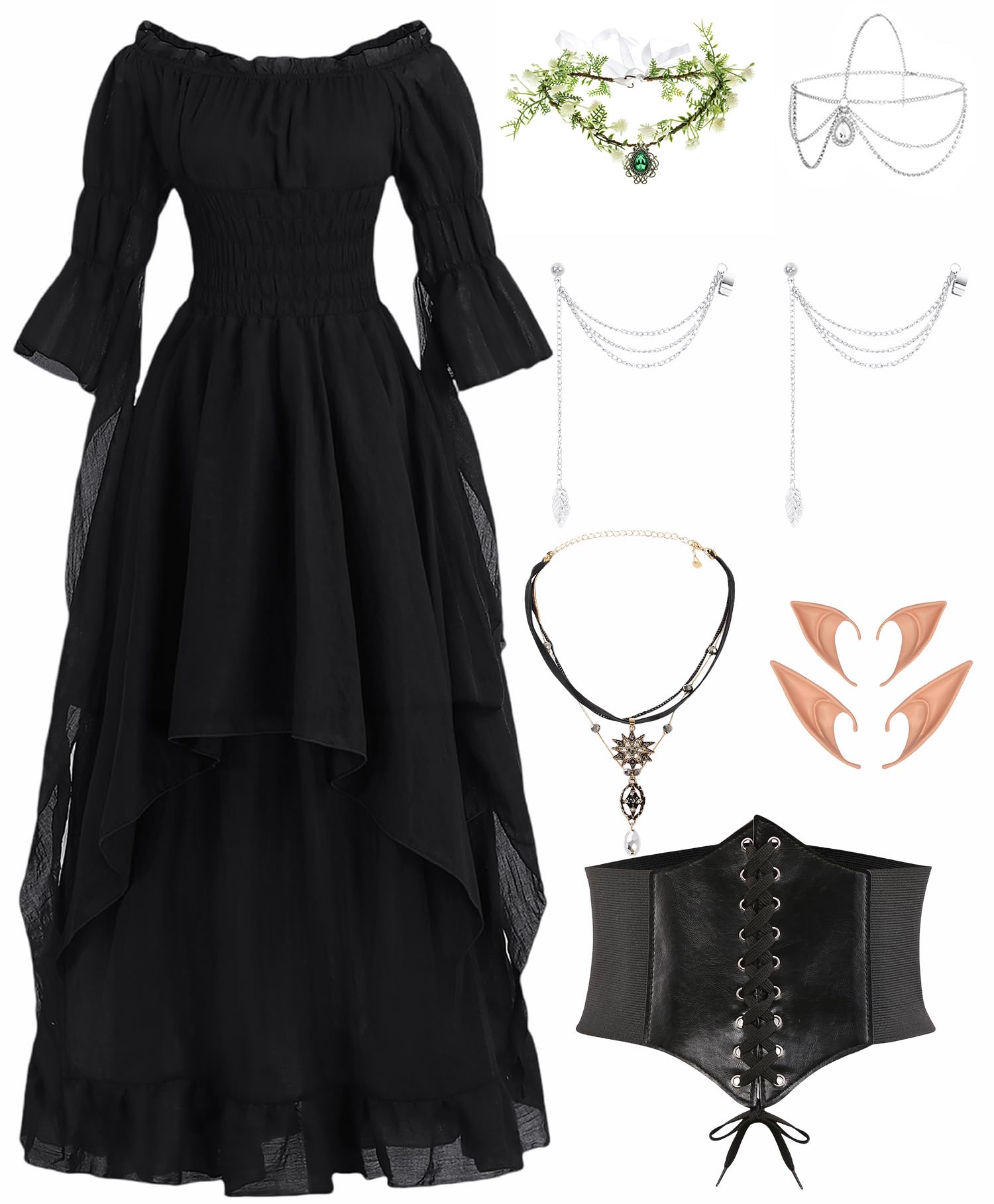 Renaissance Costume Women Puff Sleeve Off Shoulder Ruffle Medieval ...