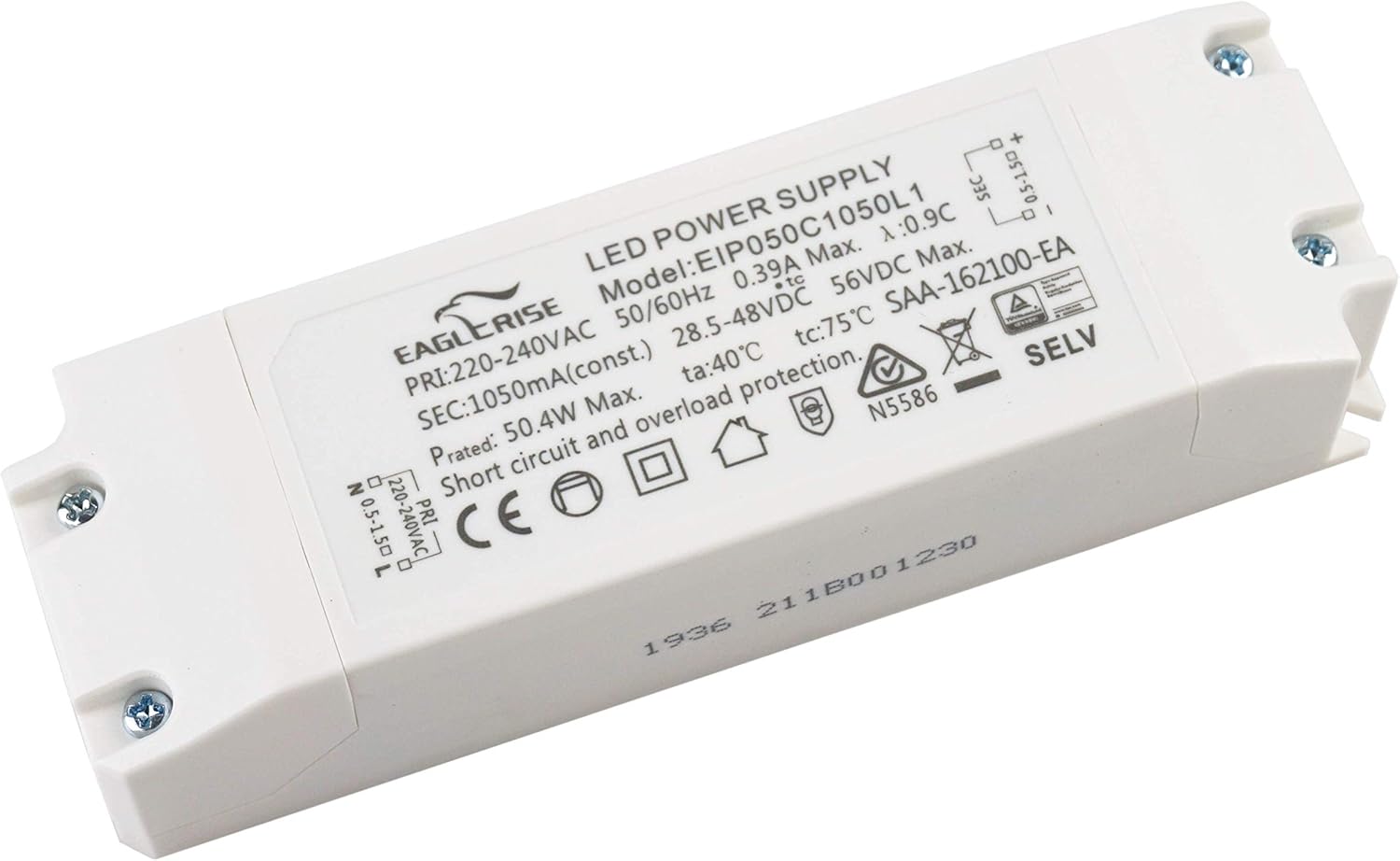 HuaTec Eaglerise LED Driver 1050mA 50W Constant Current Flickerfree LED Transformer Power Supply ...