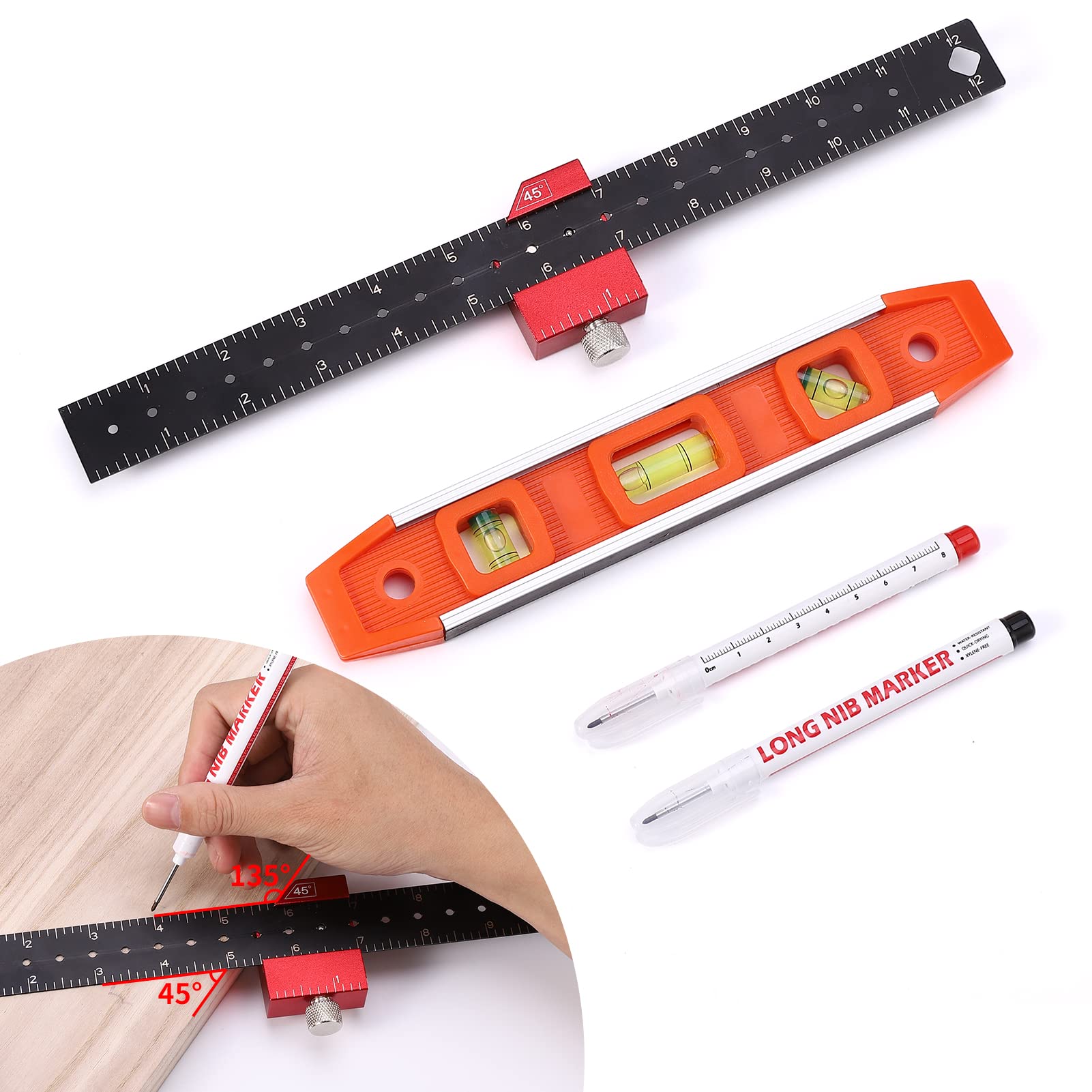 Woodworking Ruler 12 Inch Metal Measuring Ruler and Torpedo Level Set ...