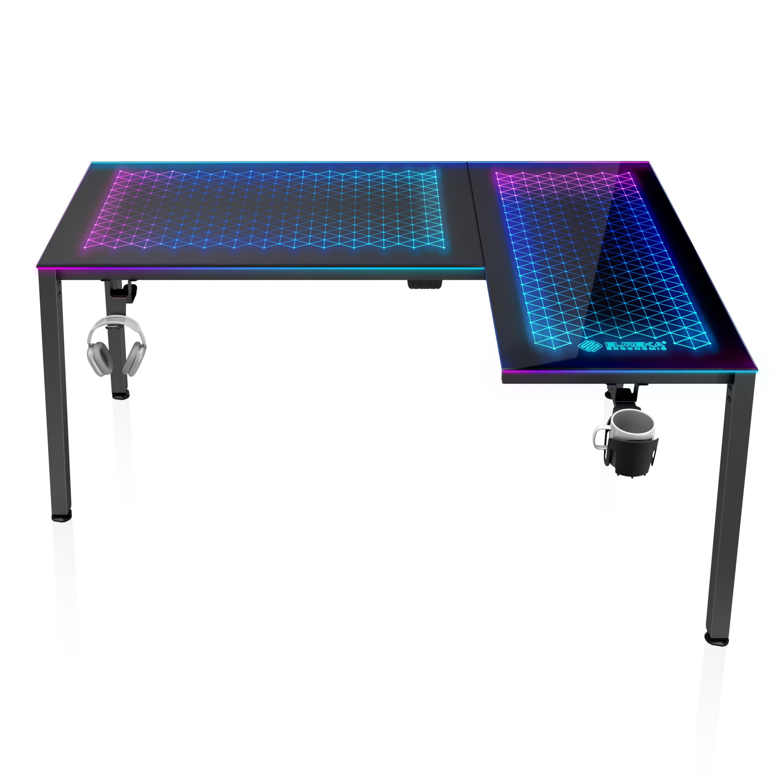 Mua RGB LED Lights 60 Inch L Shaped Reversible Black Glass Gaming Desk ...