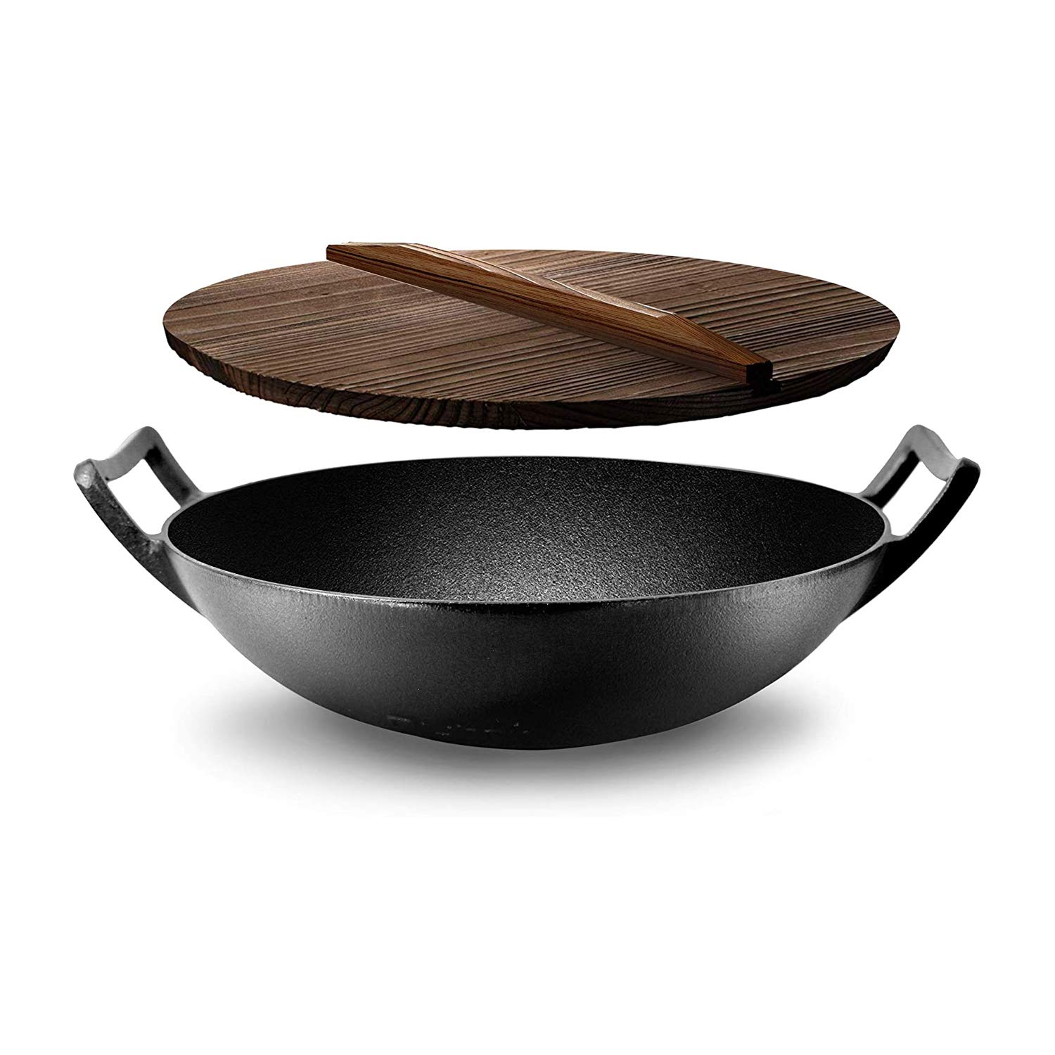 NutriChef Cast Iron Wok with Wooden Lid - Pre-Seasoned Chinese Wok for ...
