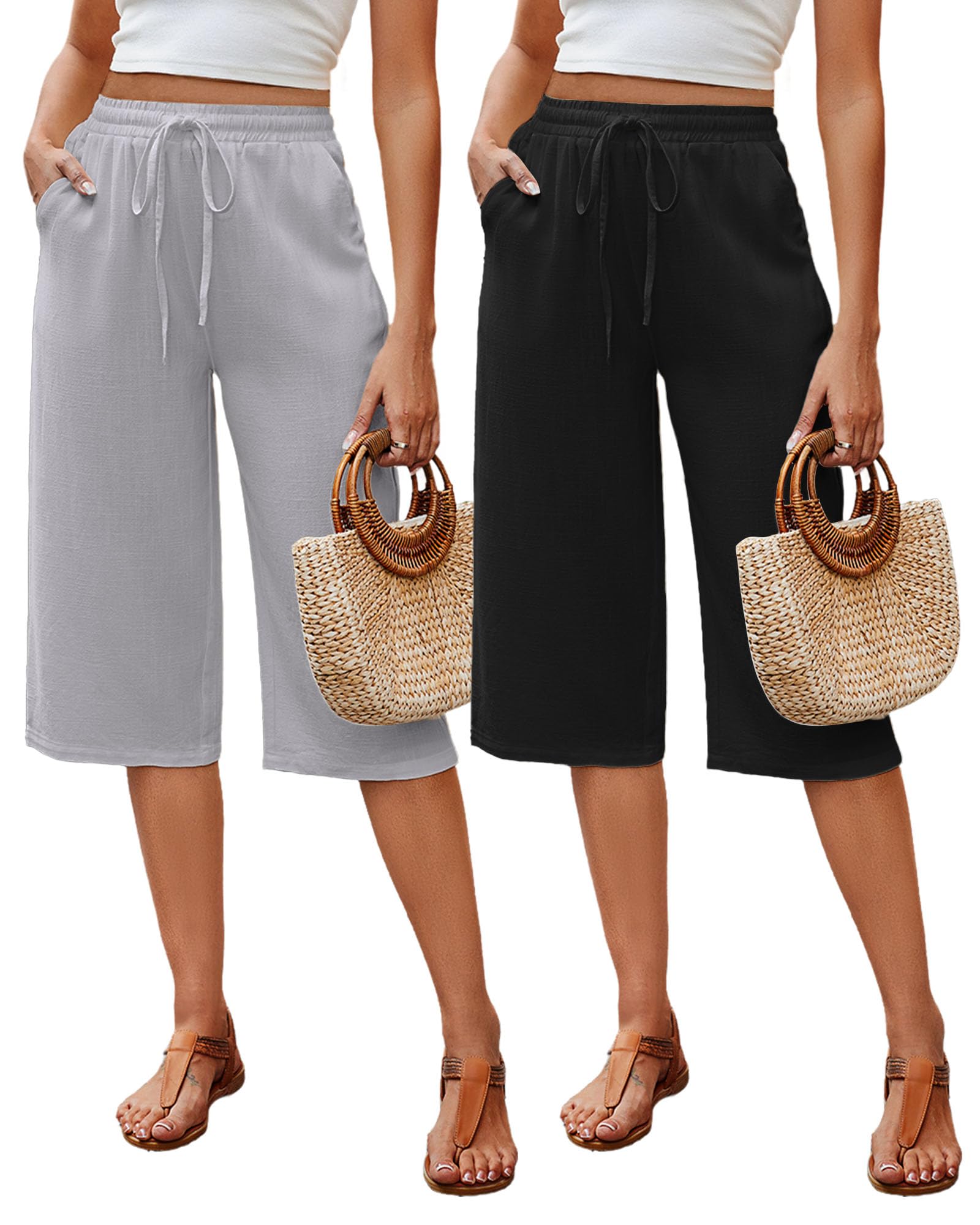Neer 2 Pack Women's Linen Capris, Summer Drawstring Wide Leg Pants ...
