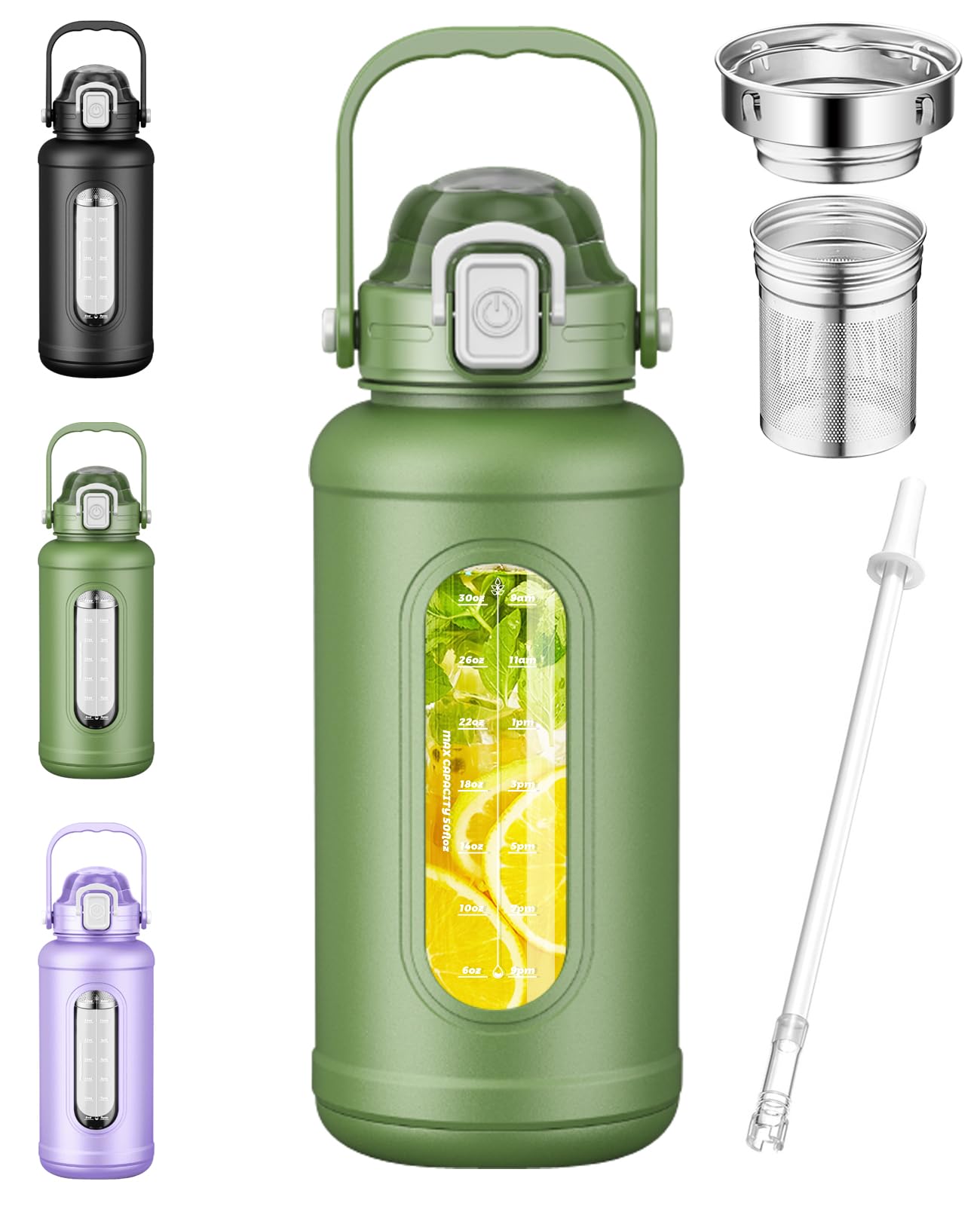 Nefeeko 50 oz Glass Water Bottles, Large Motivational Glass Water ...