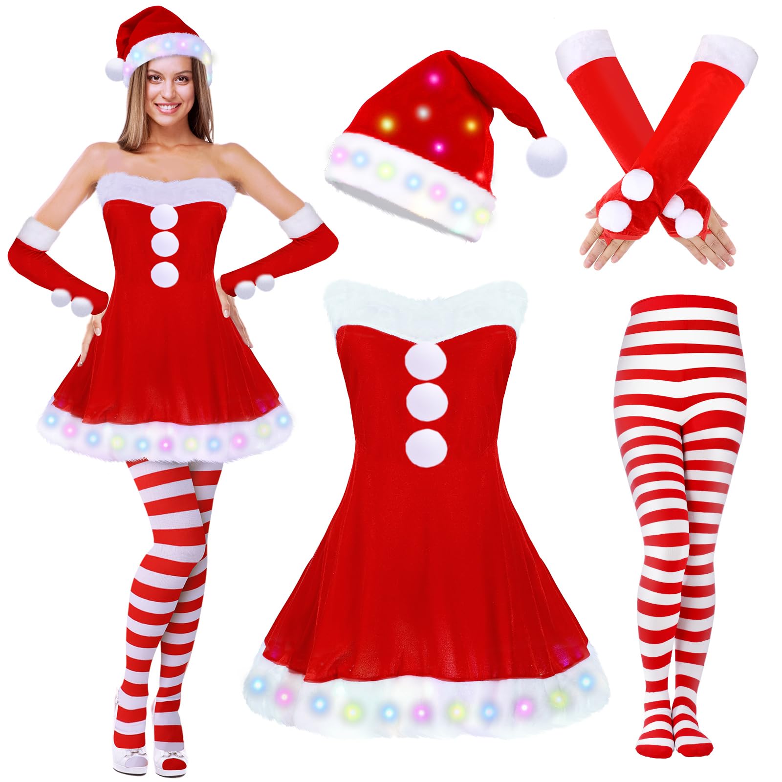 Newcotte 4 Pcs Lighted Christmas Women's Santa Claus Costume Set Light ...