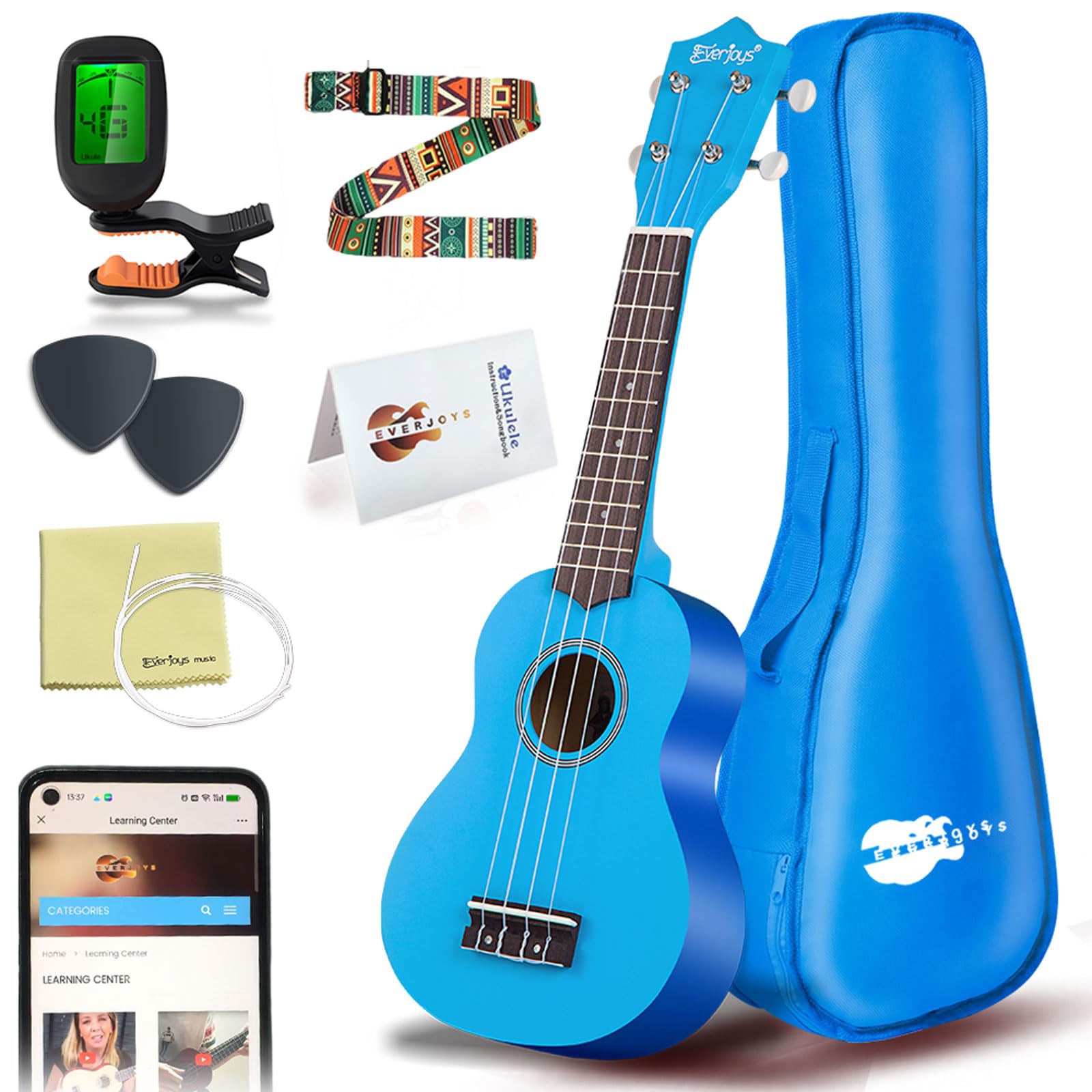 Guitar Tuner Everjoys Soprano Ukulele Beginner Pack – 21-Inch Starter ...