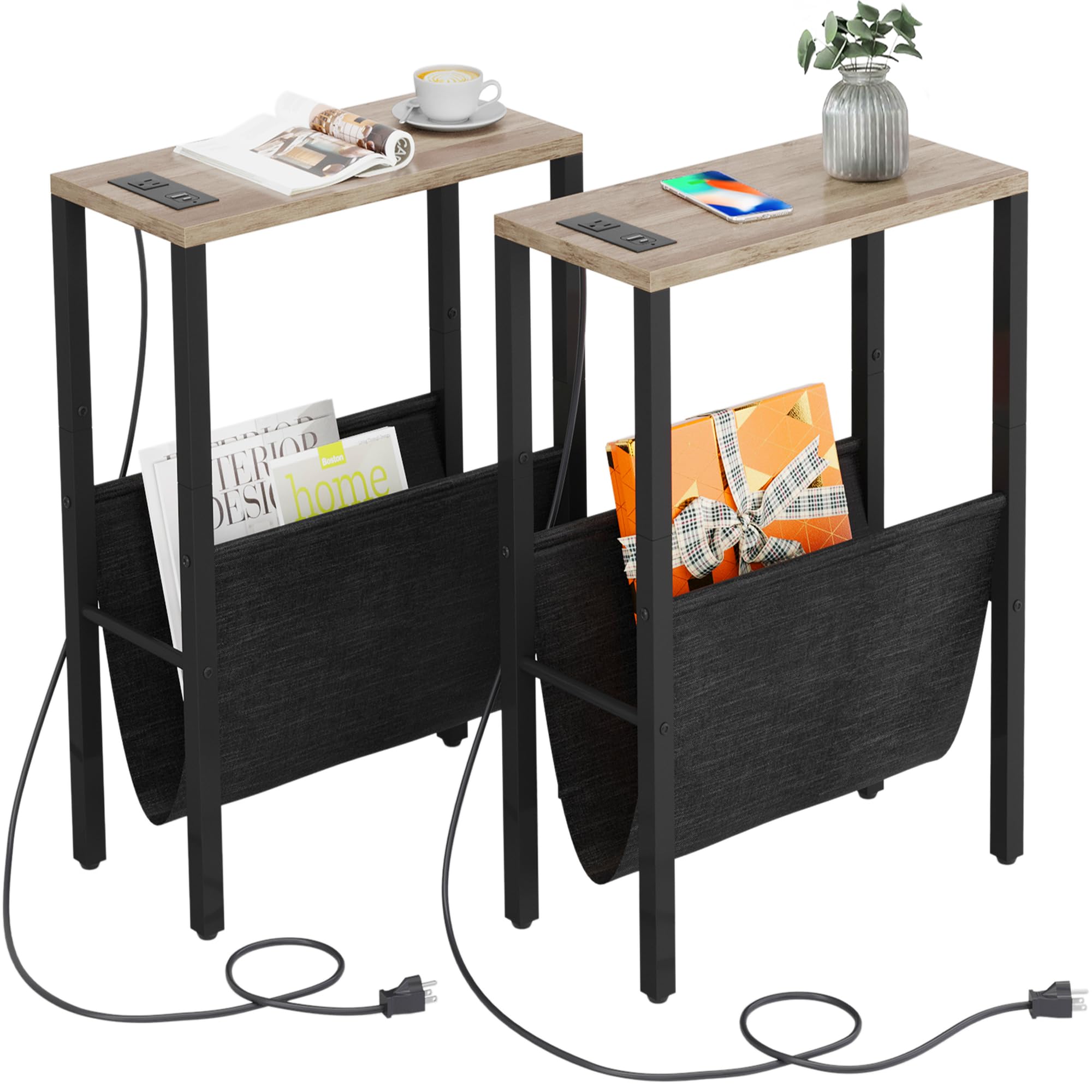 Vagusicc Narrow Side Tables with Charging Station, Set of 2, End Table ...