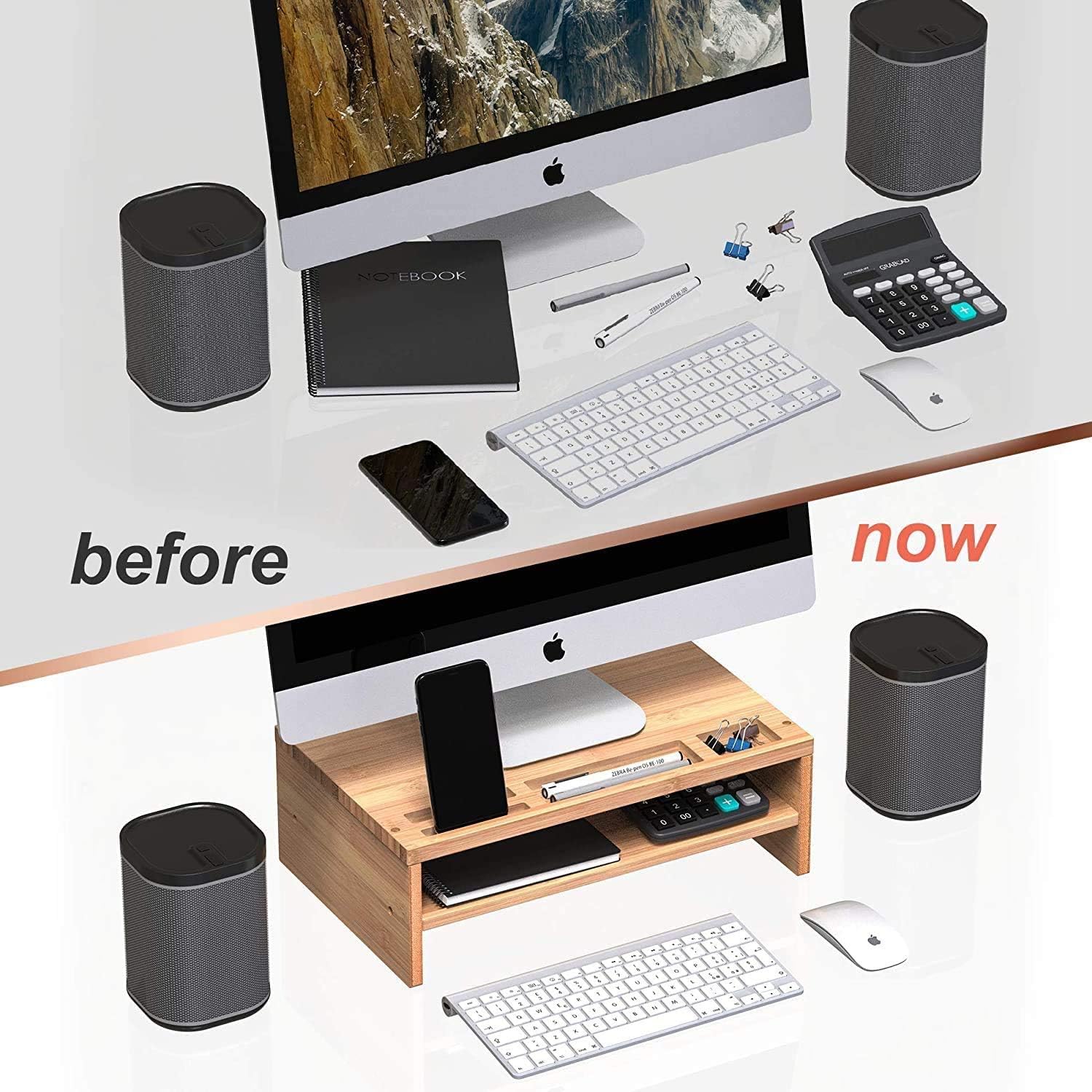 Well Weng Monitor Stand Bamboo with Storage Organizer 2 Tier PC Stand ...