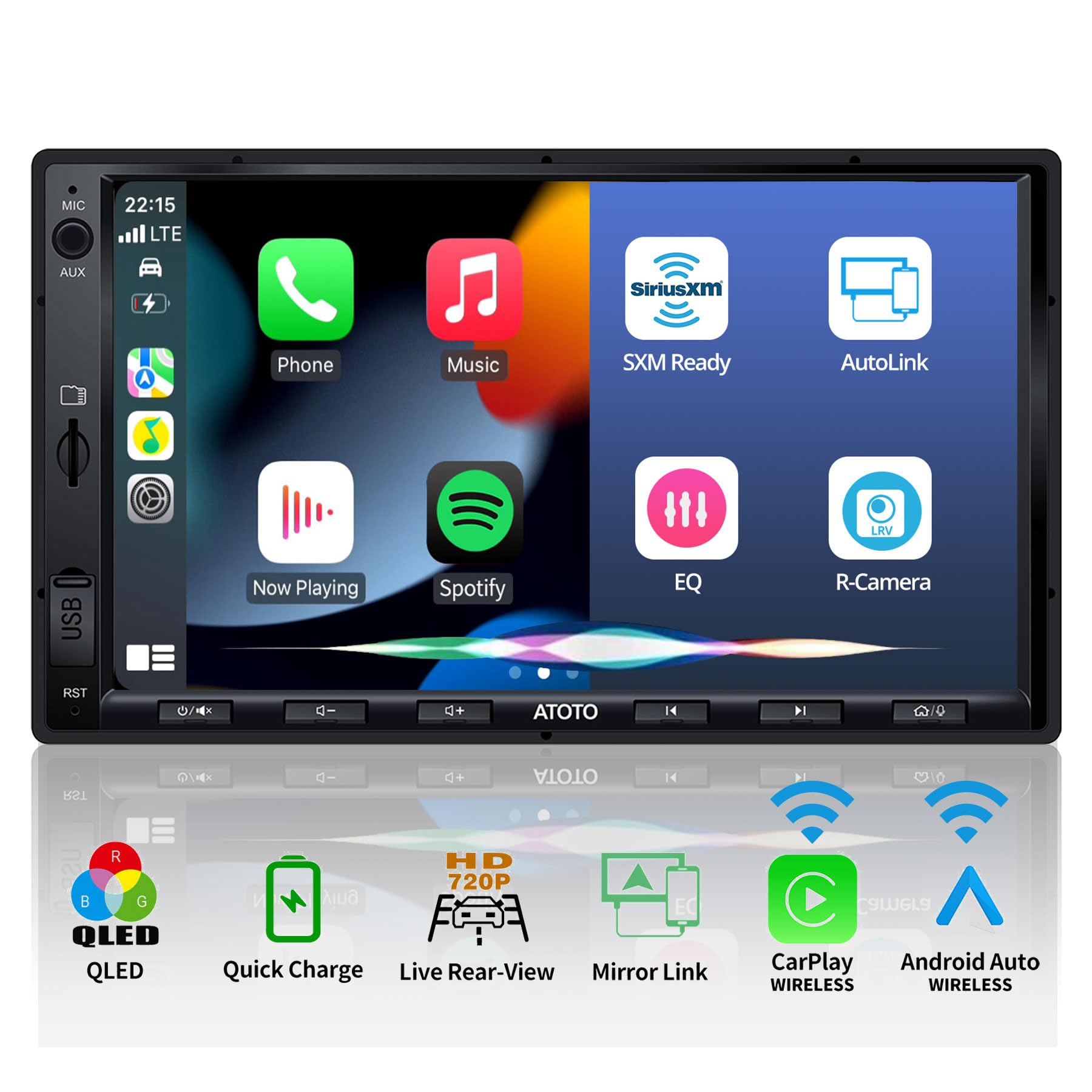 Double Din Car Stereo With Wireless Carplay Android Auto 7 Inch Qled