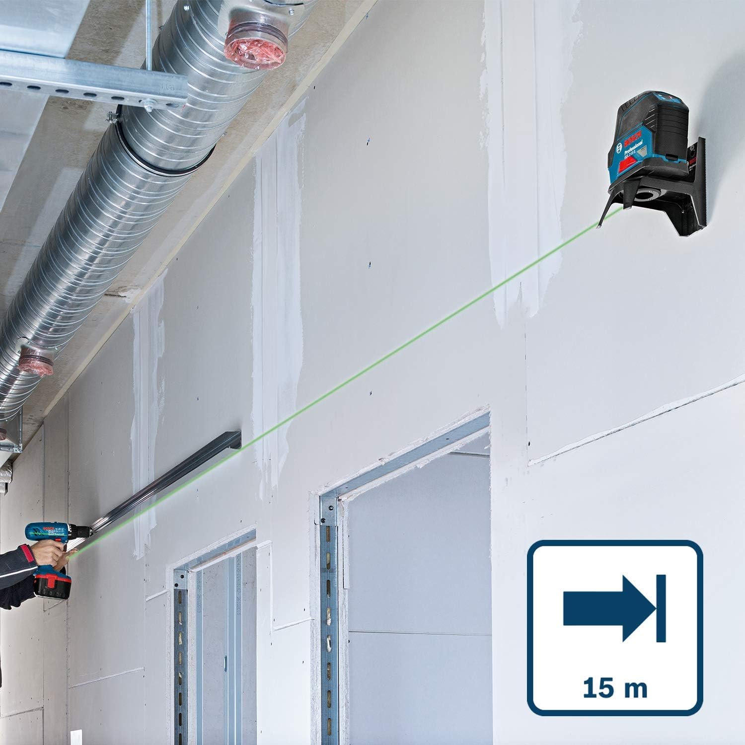 Bosch Professional cross line laser GCL 2-15 G (green laser,interior, with plumb points, working ...