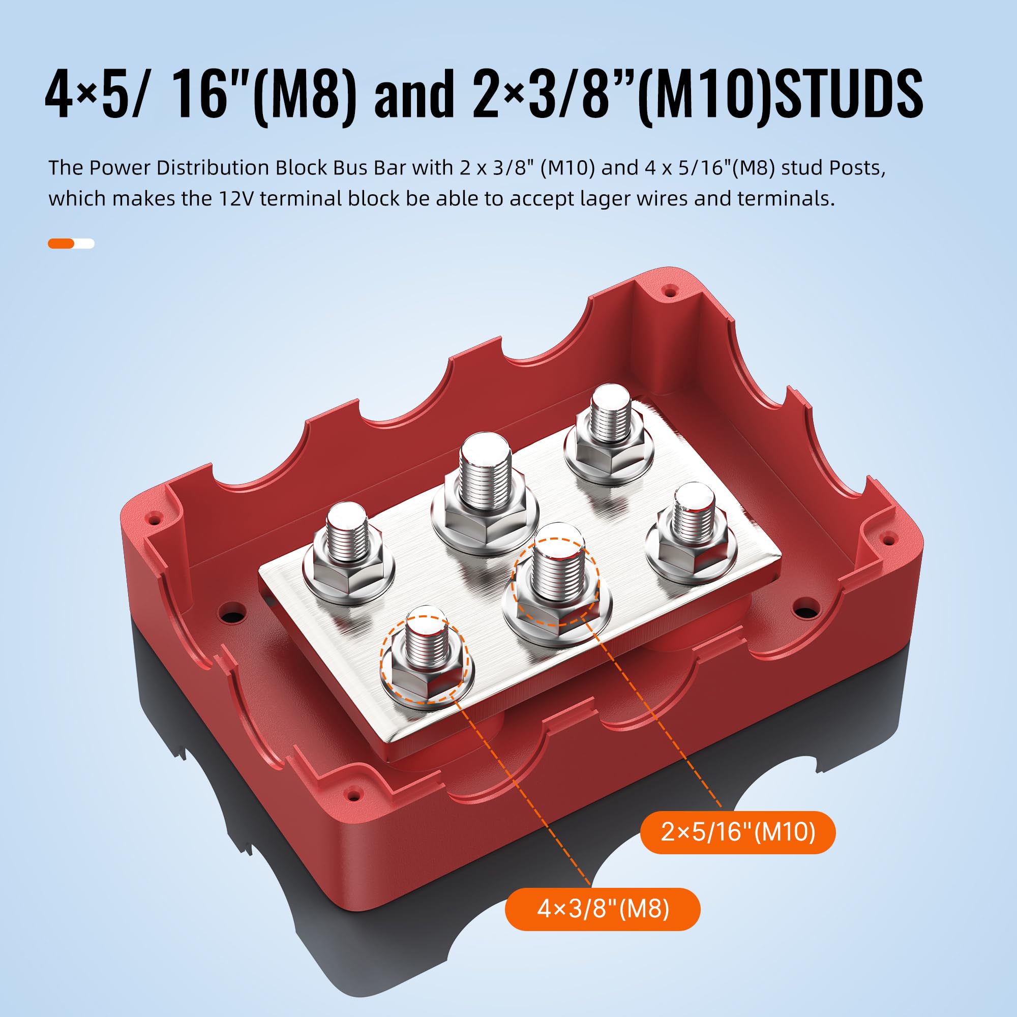 Joinfworld Heavy Duty 500A Bus Bar Waterproof Power Distribution Block With 4*5/16"(M8)+2*3/8 ...