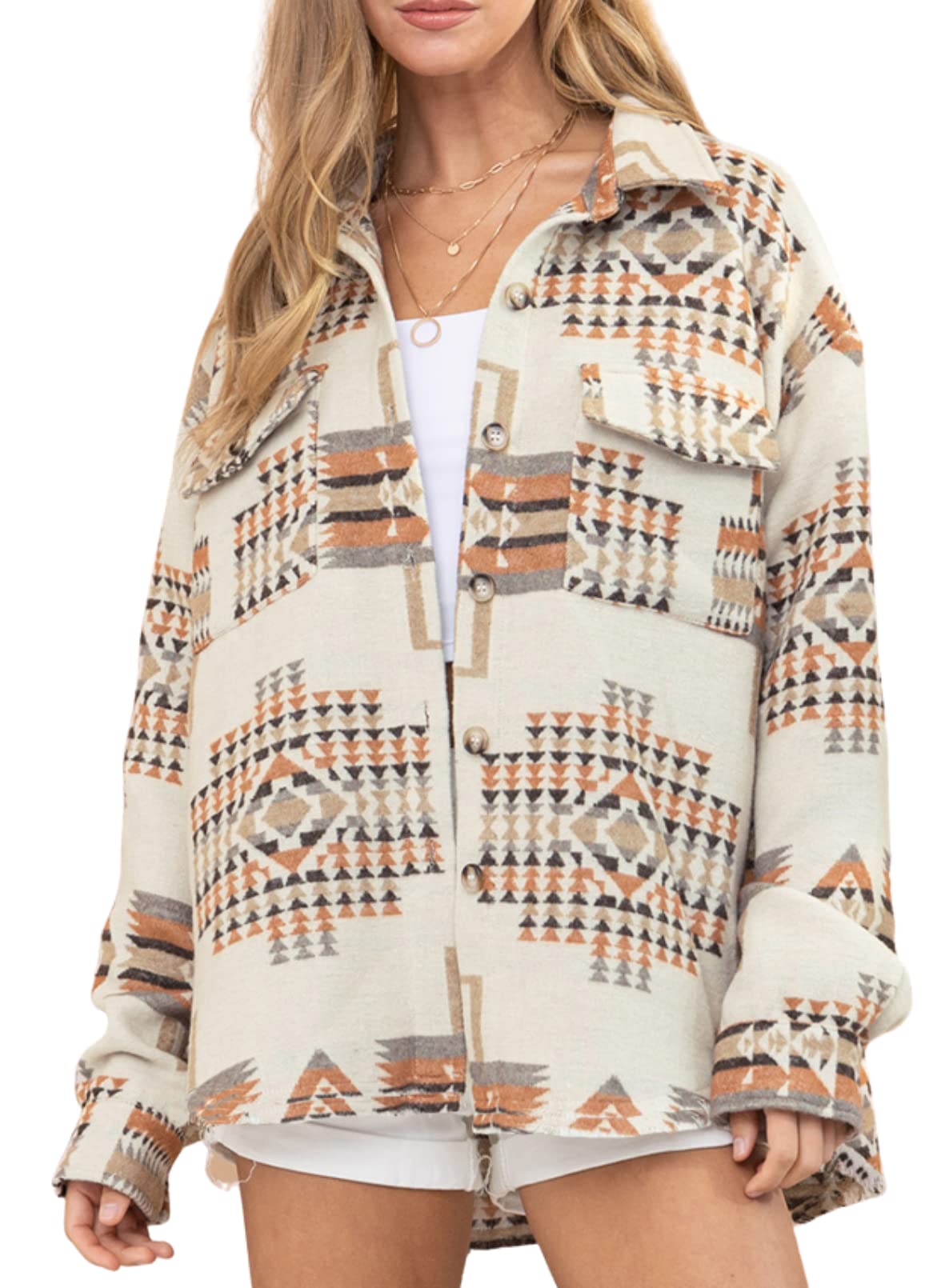 Joiemont Women Aztec Print Shirt Jacket Shacket Long Sleeve Loose ...