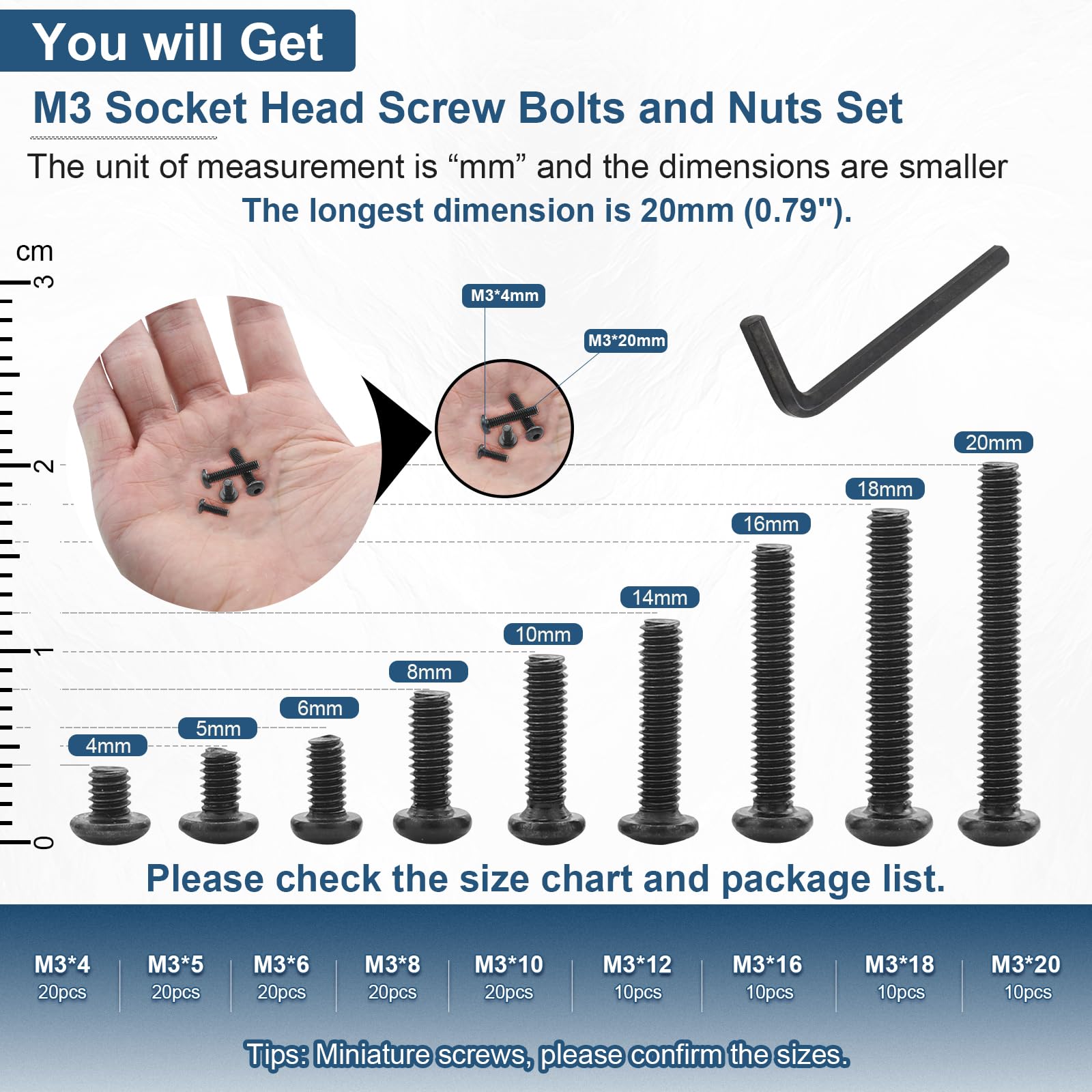 NINDEJIN M3 Button Head Hex Socket Cap Screw Bolt And Nut Assortment Kit, Carbon Steel M3 X 4 Mm ...