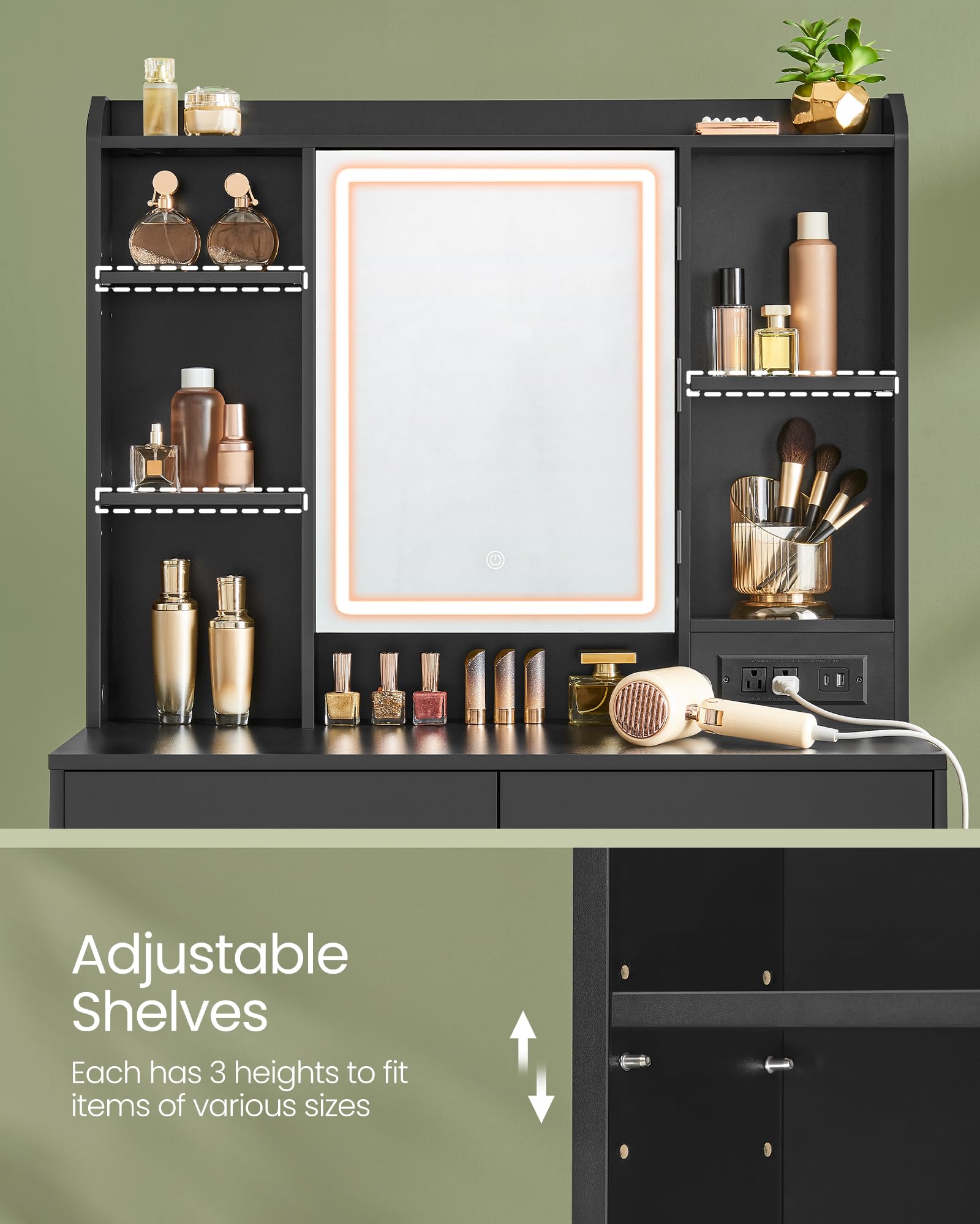 VASAGLE Vanity Desk With Power Outlets, Makeup Vanity With Mirror And ...