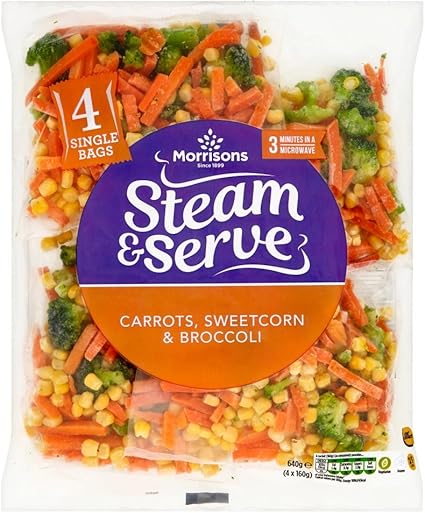 Morrisons Steam Serve Carrots Sweetcorn and Broccoli, 4x160g (Frozen ...