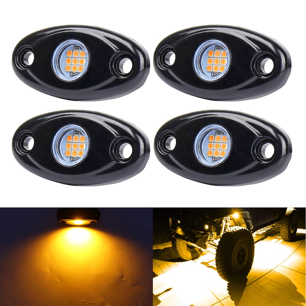 Yellow LED Rock Lights, 4 Pods Neon 12V Waterproof Underglow Underbody ...