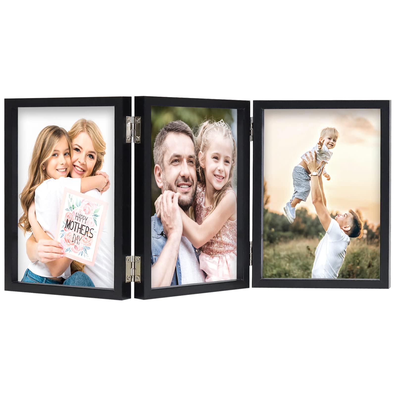 3 Picture Frame 5x7 Black Triple Hinged MDF Wood with Glass Front Three ...