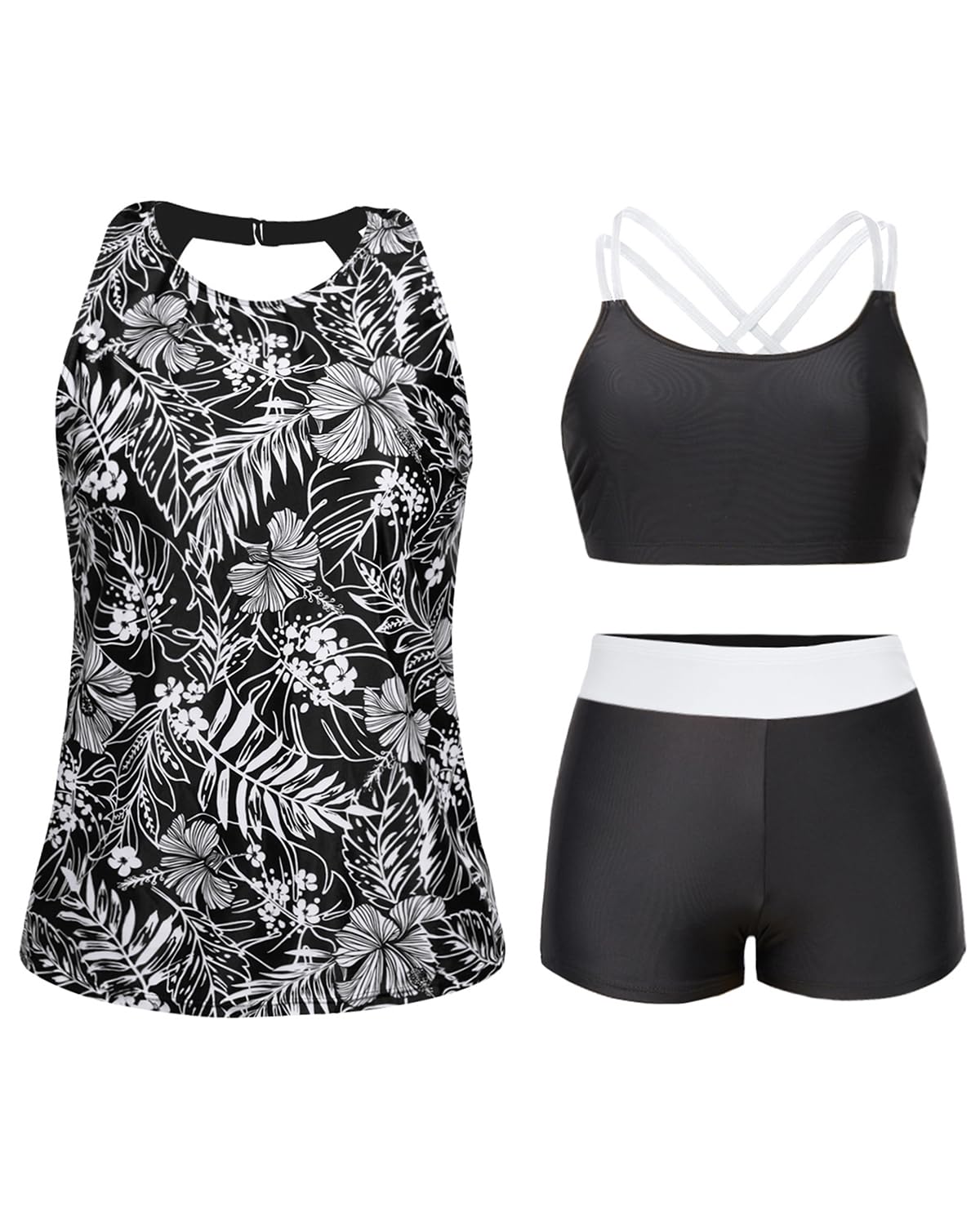 Tempt Me Black Flower 3 Piece Swimsuit for Women Tankini Bathing Suit ...