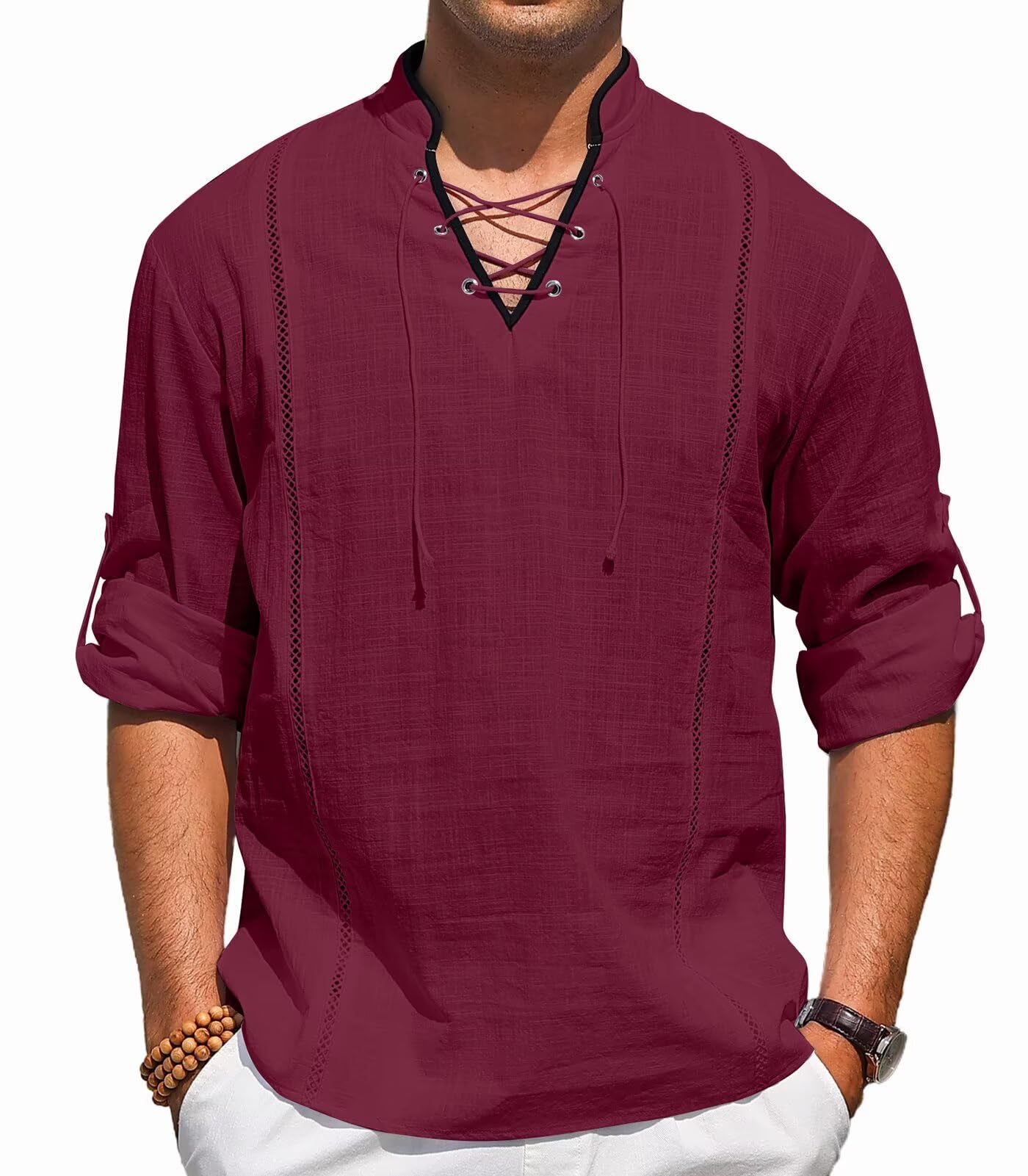 EDITCOZY Men's Cotton Linen Shirts Drawstring Tops Medieval Viking ...