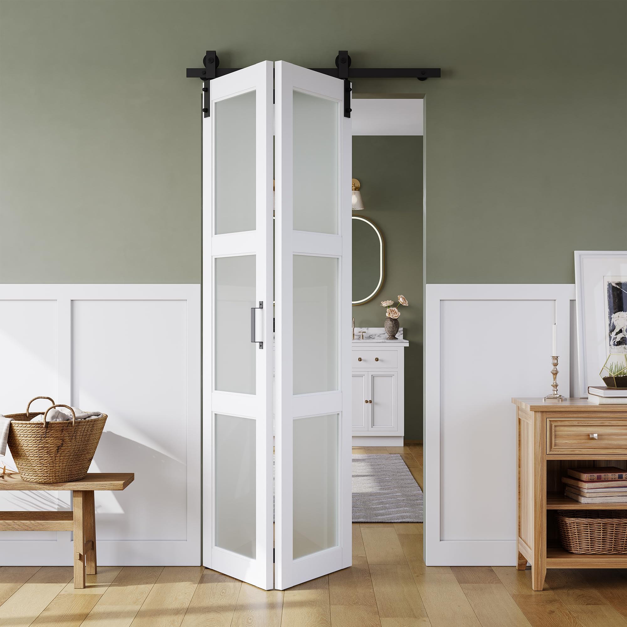 SMARTSTANDARD 32in x 84in Bifold Barn Door, Frosted Glass Barn Door ...