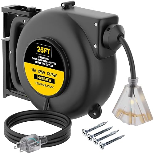 TerraBloom Retractable Extension Cord Reel with Light Indicator - 14/3 ...
