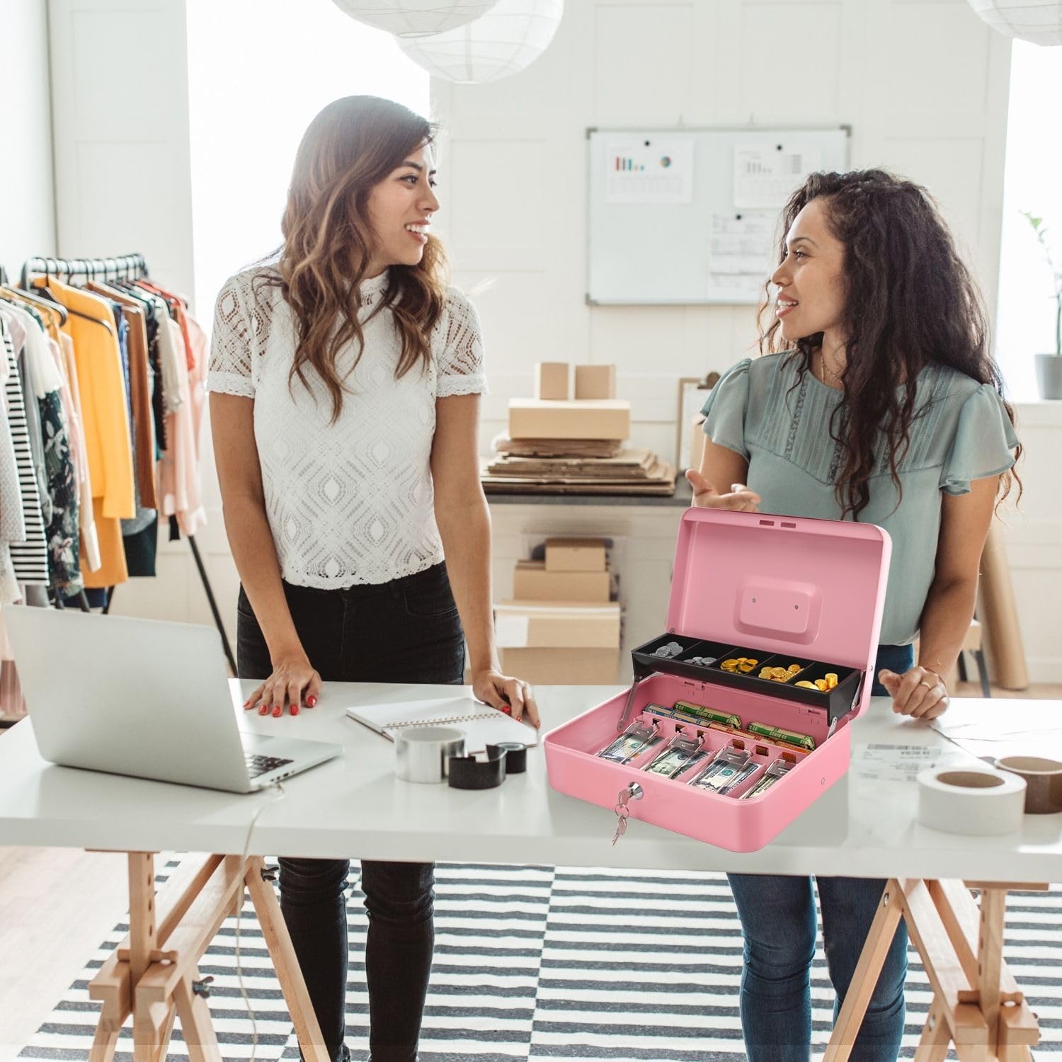 Mua Flexzion Cash Lock Box with Key - Pink Petty Cash Box with Lock for ...