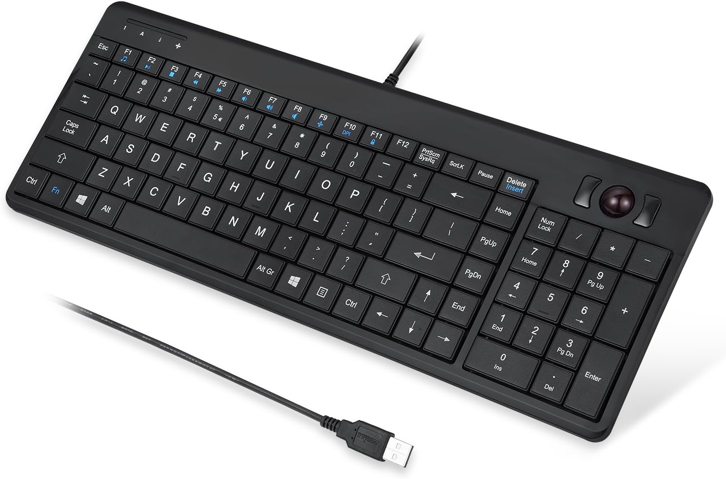 Perixx PERIBOARD-520 Compact Trackball USB Keyboard 1.50 m Long Cable ...