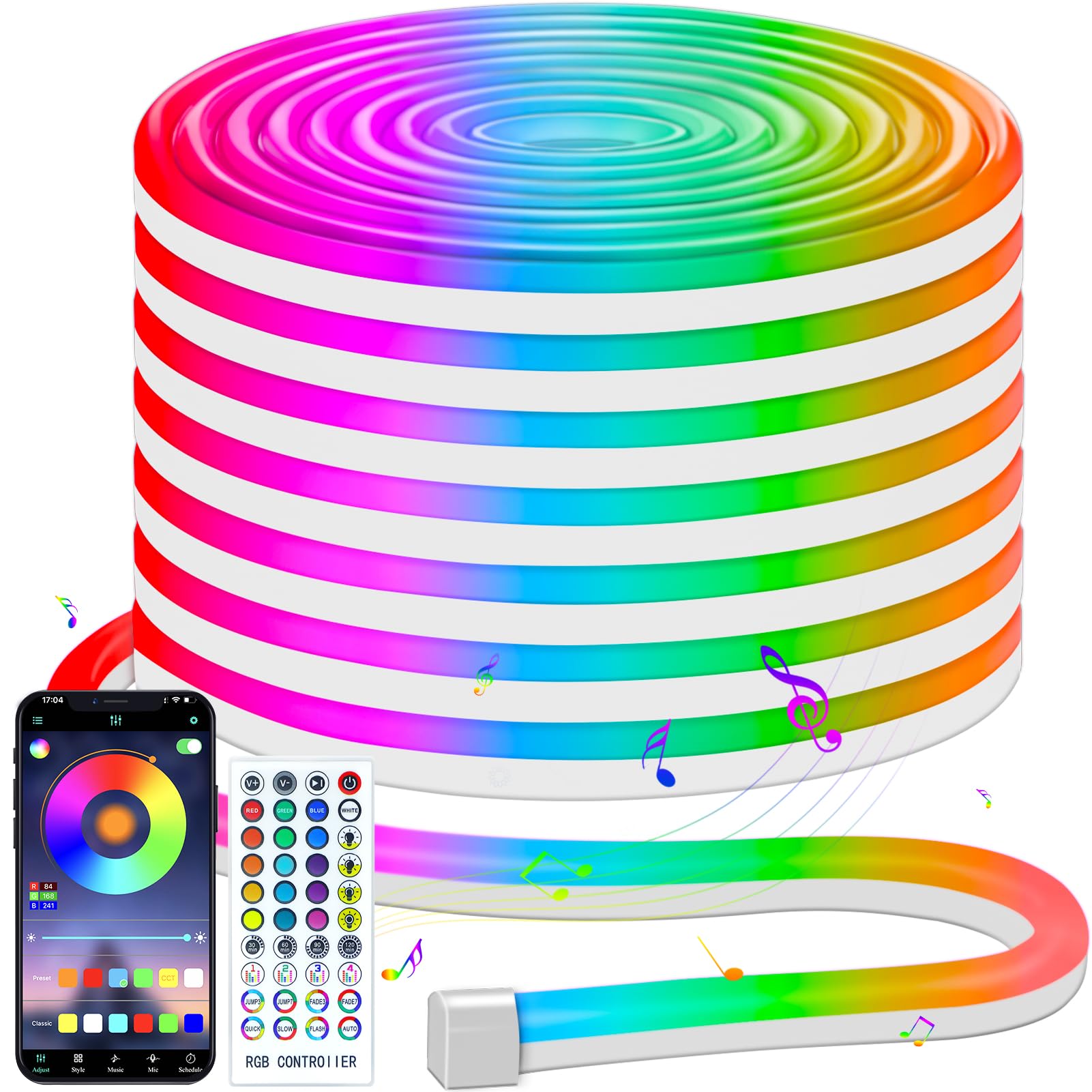 CCILAND 33Ft RGB LED Neon Rope Lights, Music Sync Control with App ...