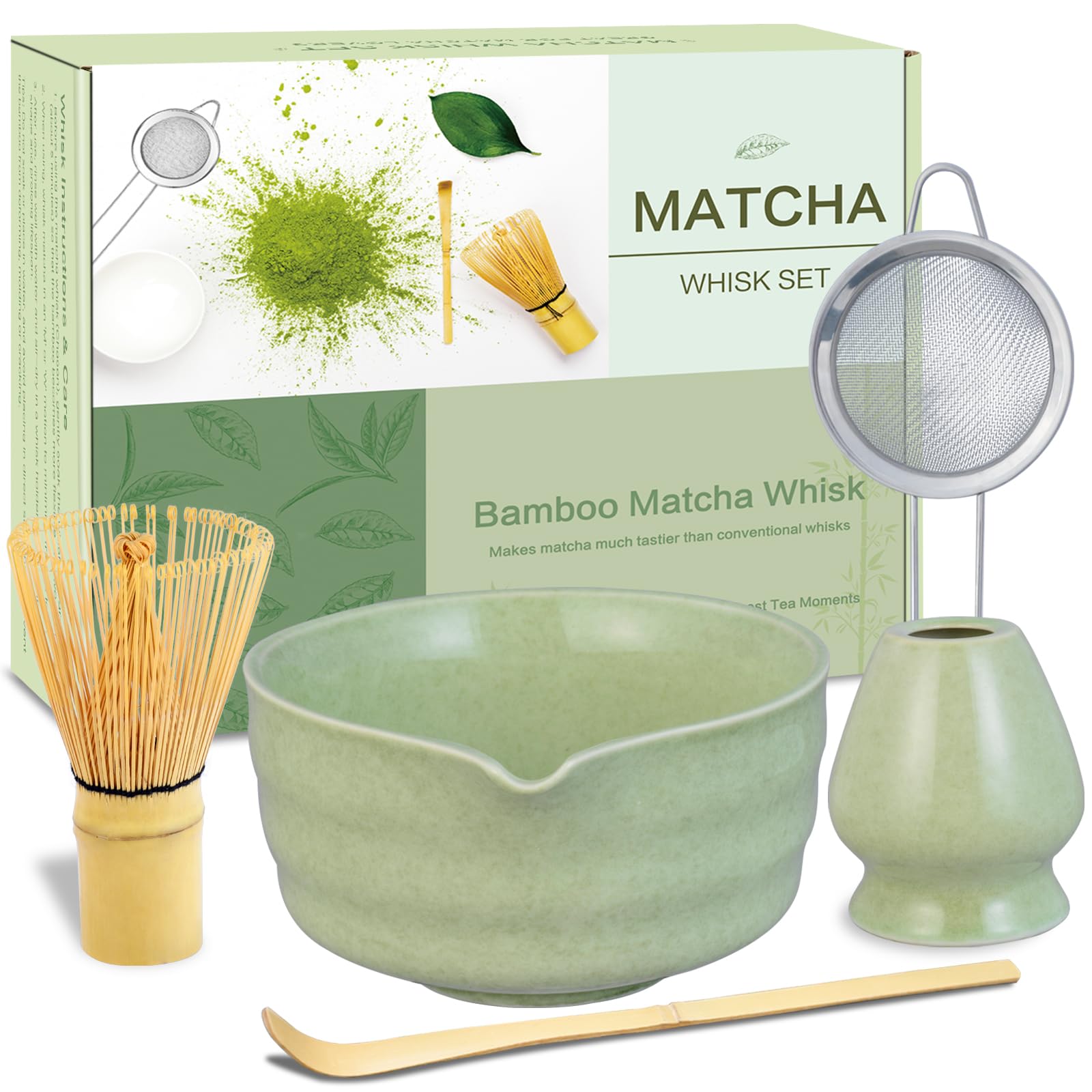 Matcha Whisk Set, Premium Ceramic Bowl with Spout, Bamboo Whisk, Chasen ...