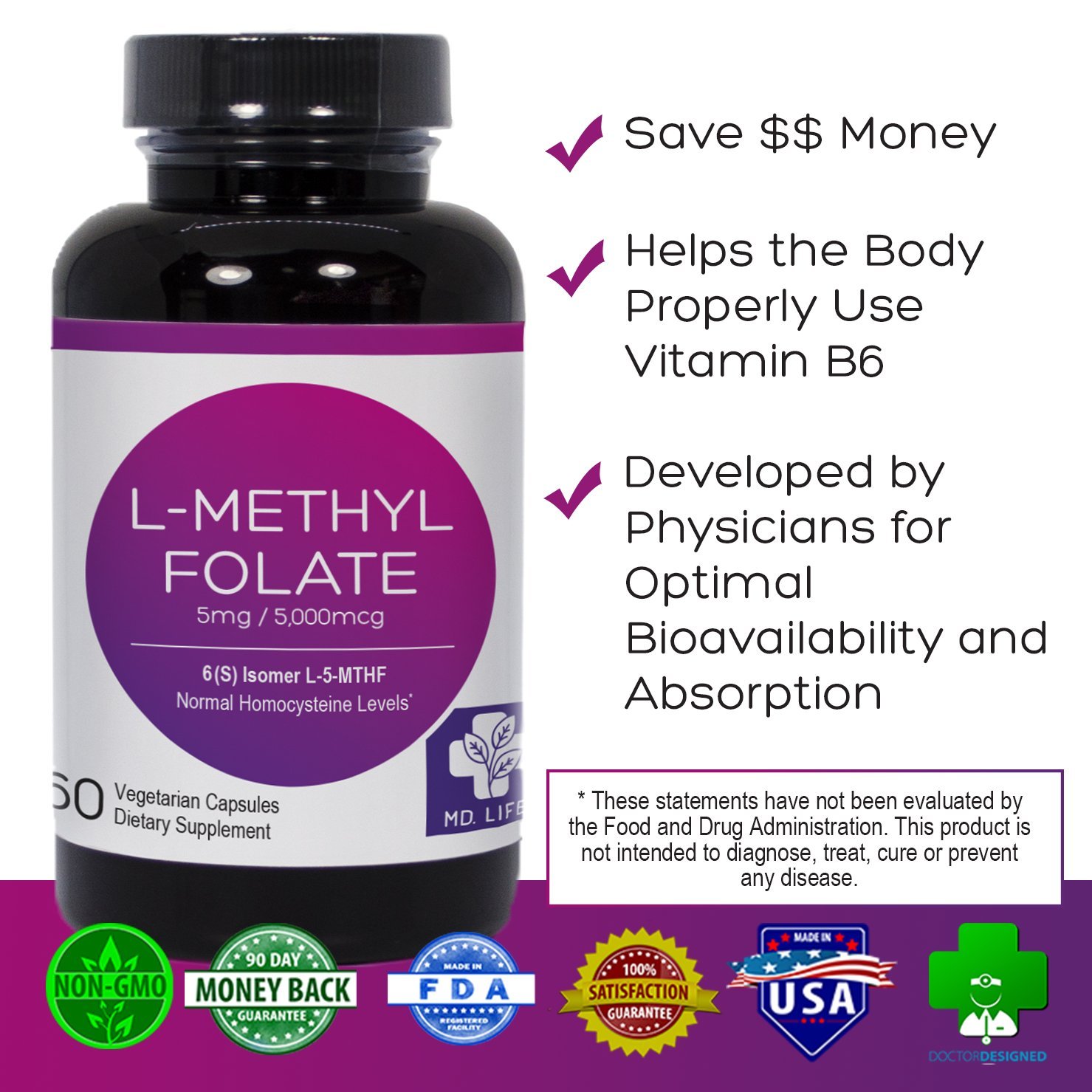 MD. Life L-Methylfolate 5mg – Active Folate 5-MTHF, Professional ...